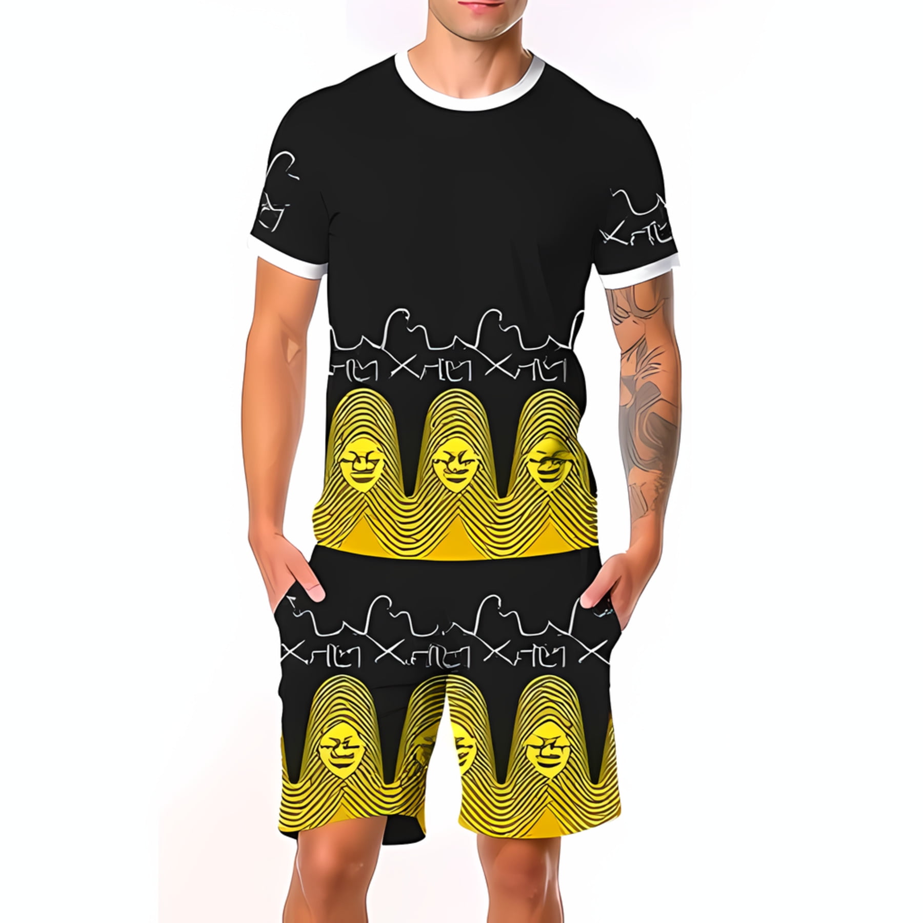 Bold Black T-Shirt and Shorts Set with Yellow Stylized Faces and Wavy ...