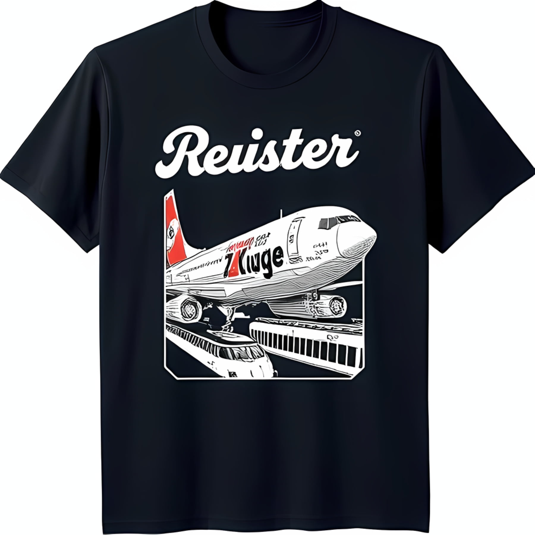 Bold Black T-Shirt with Airplane Graphic & 'Reister' Text Unique Design ...