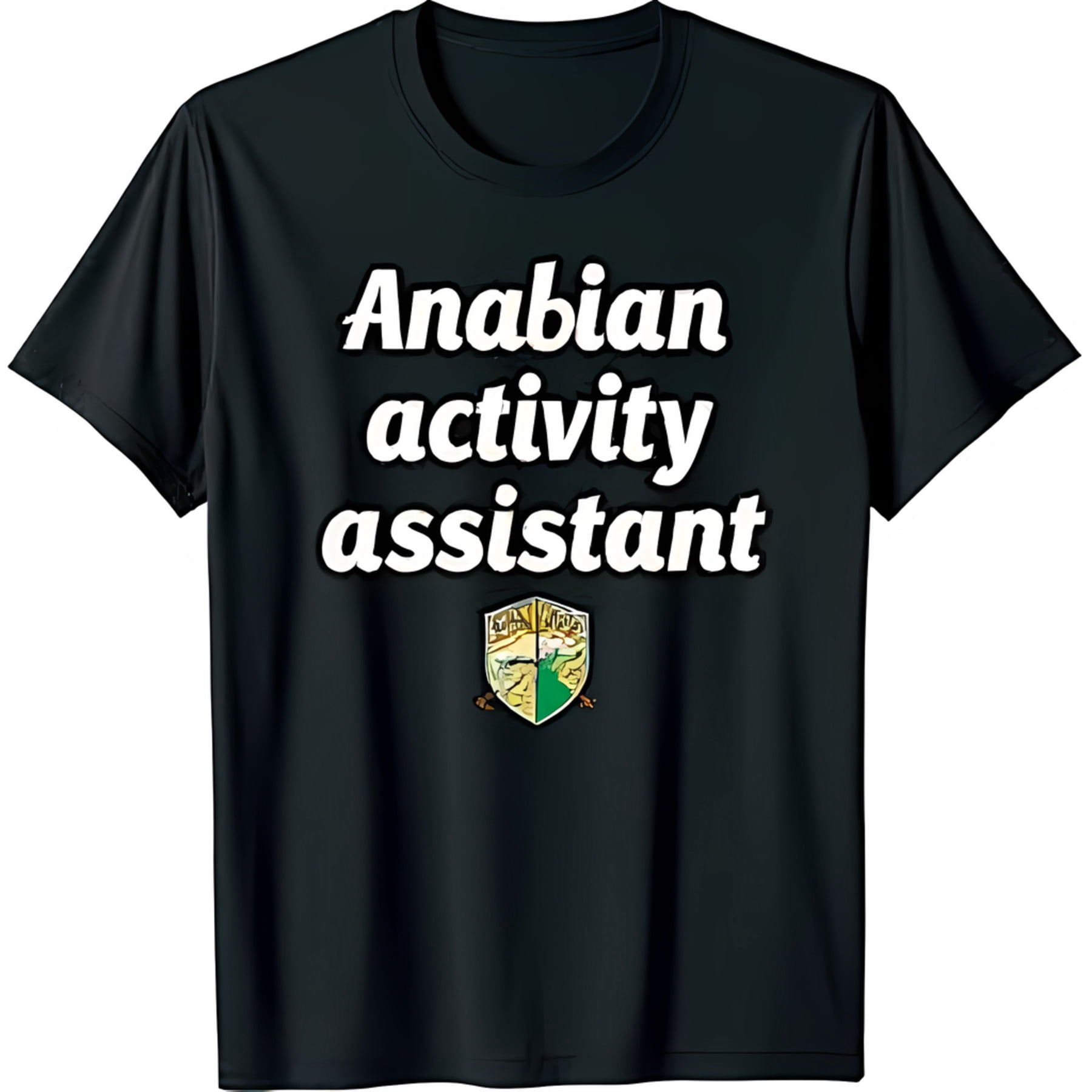 Bold Black T-Shirt with 'Anabian Activity Assistant' Text & Detailed ...