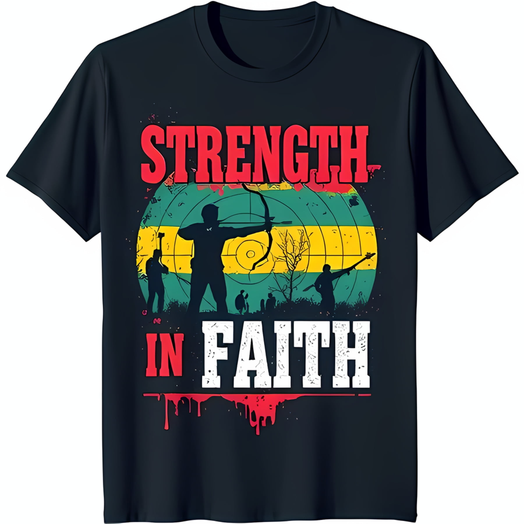 Bold Black T-Shirt with Archer Graphic 'Strength in Faith' & Blood ...