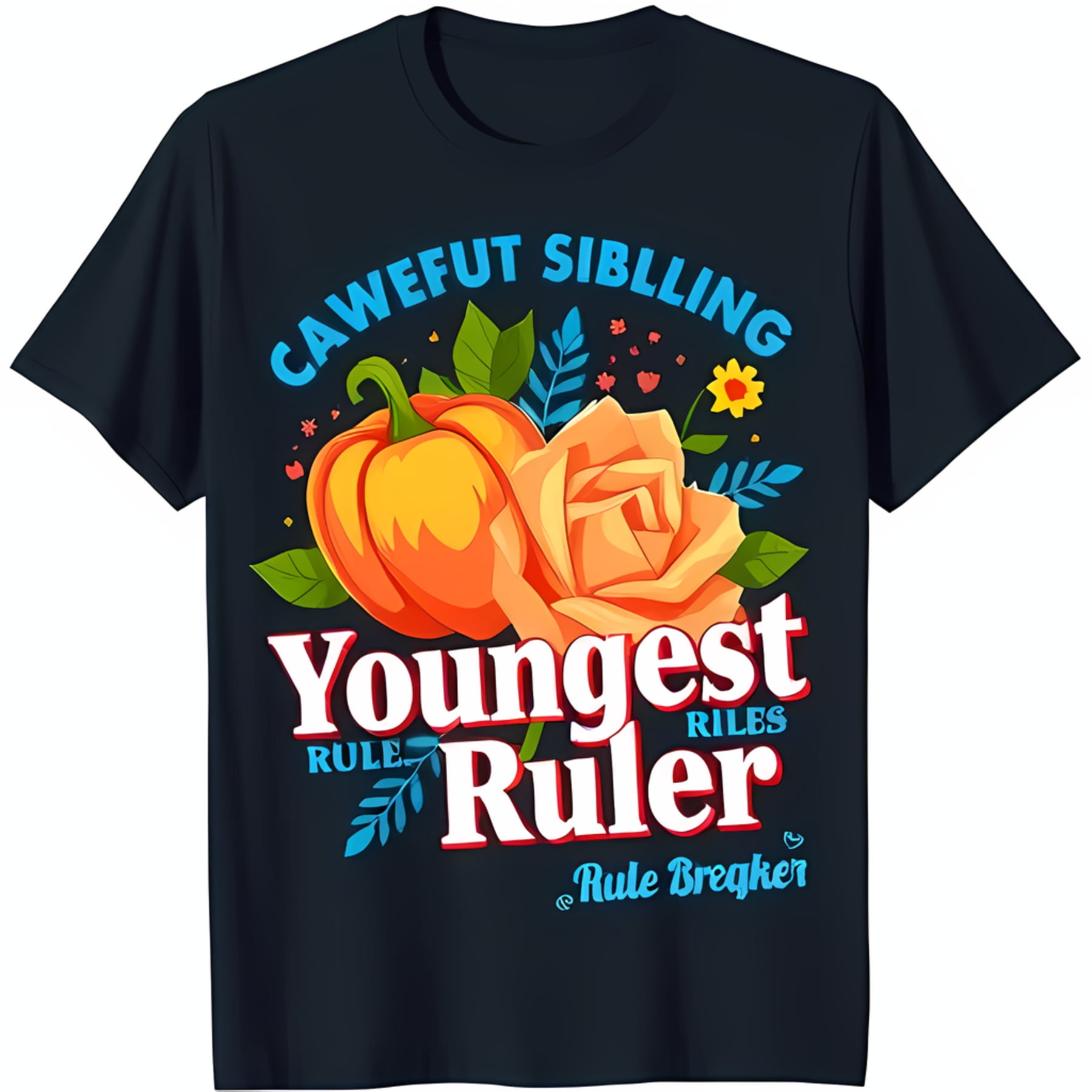Bold Black T-Shirt with 'Carefut Sibling Youngest Rules' Graphic ...