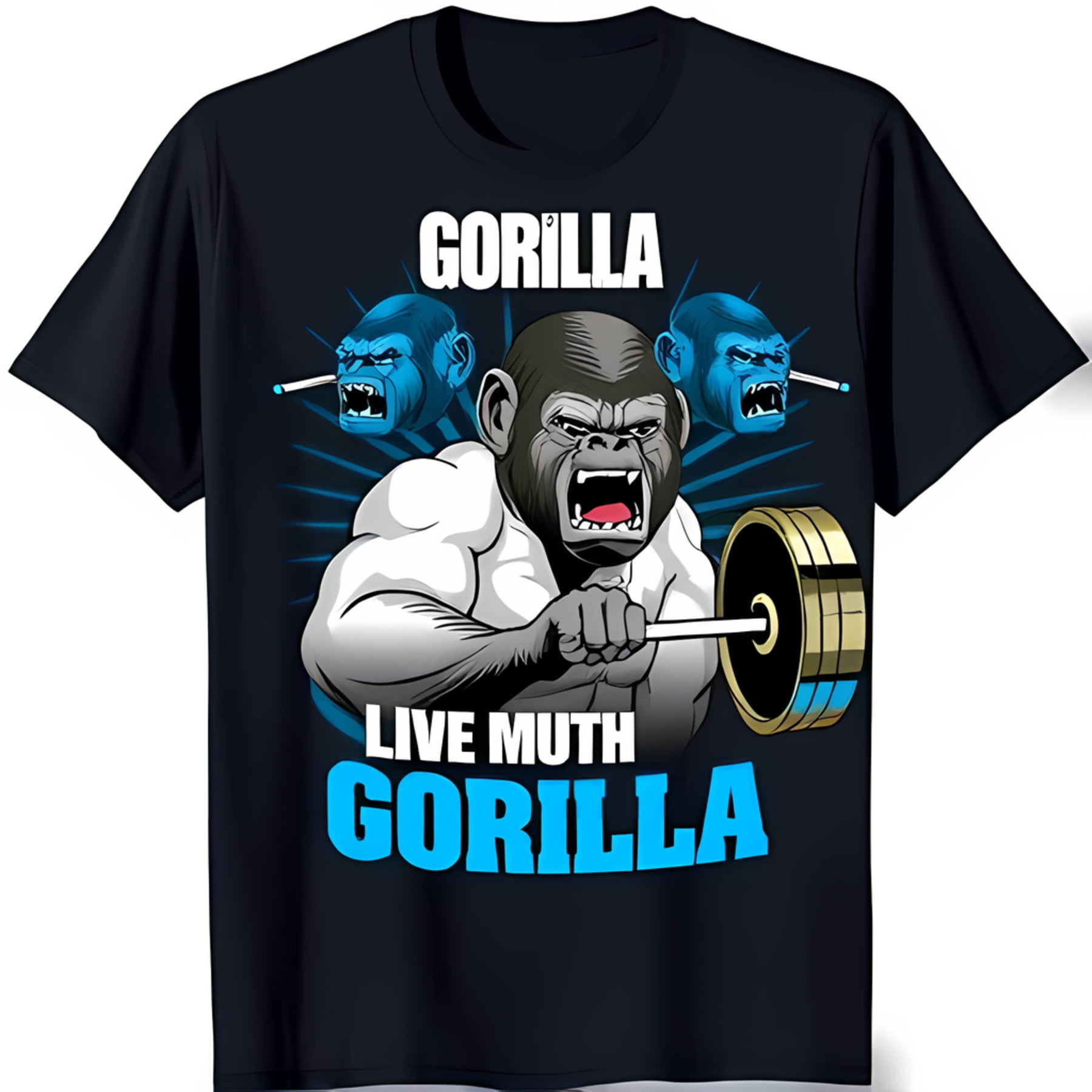 Bold Black T-Shirt with Cartoon Gorilla Lifting Weights 'GORILLA LIVE ...