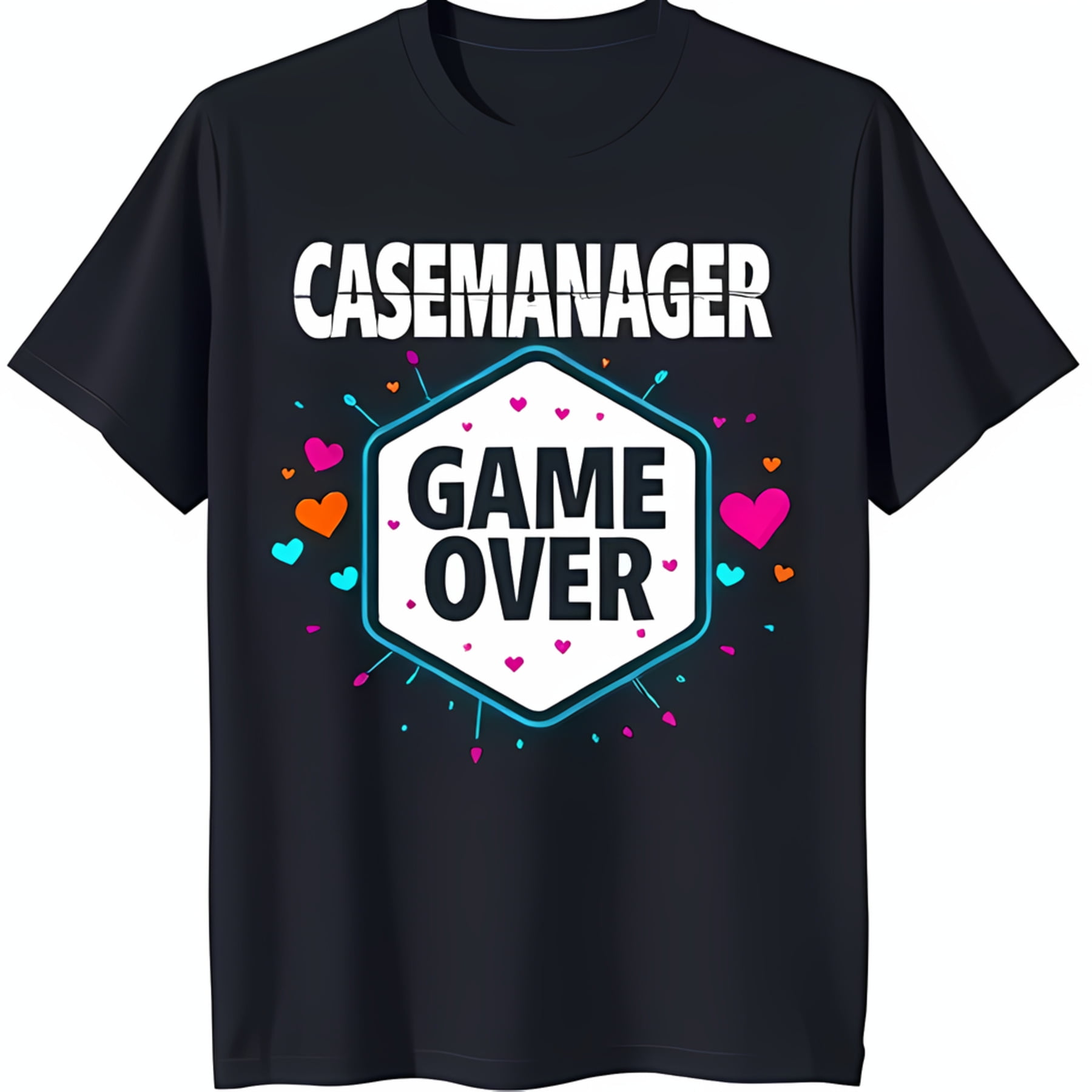 Bold Black T-Shirt with 'Casemanager Game Over' Graphic & Heart Design ...