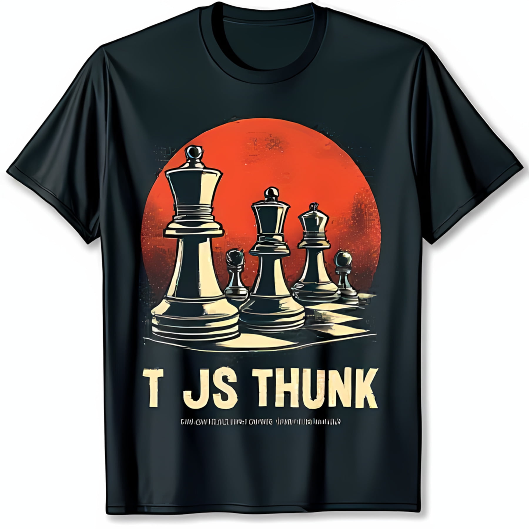 Bold Black T-Shirt with Chess Graphic & Red Sun Orb T JS THUNK Design ...