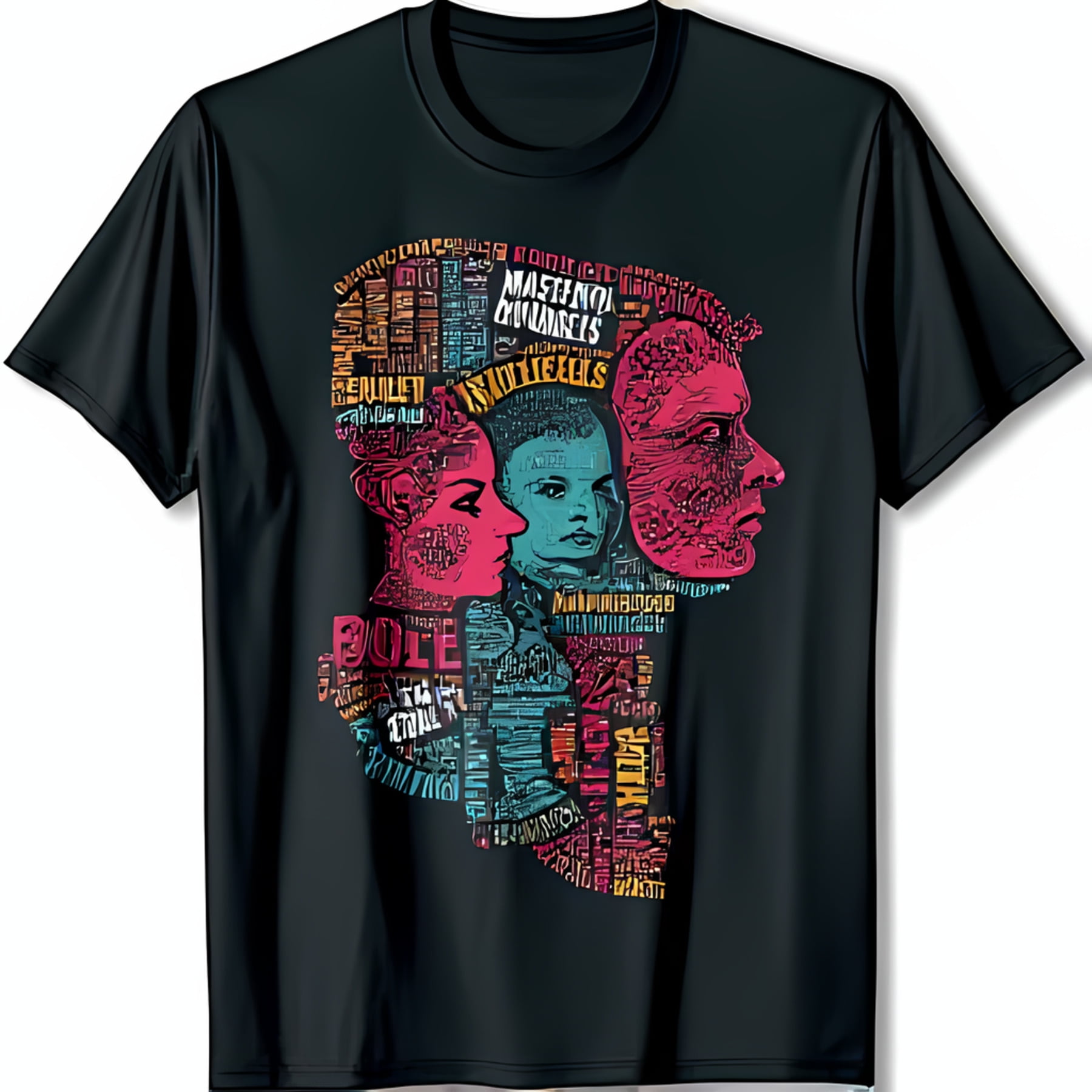 Bold Black T-Shirt with Colorful Graphic Faces Design Unique & Eye ...