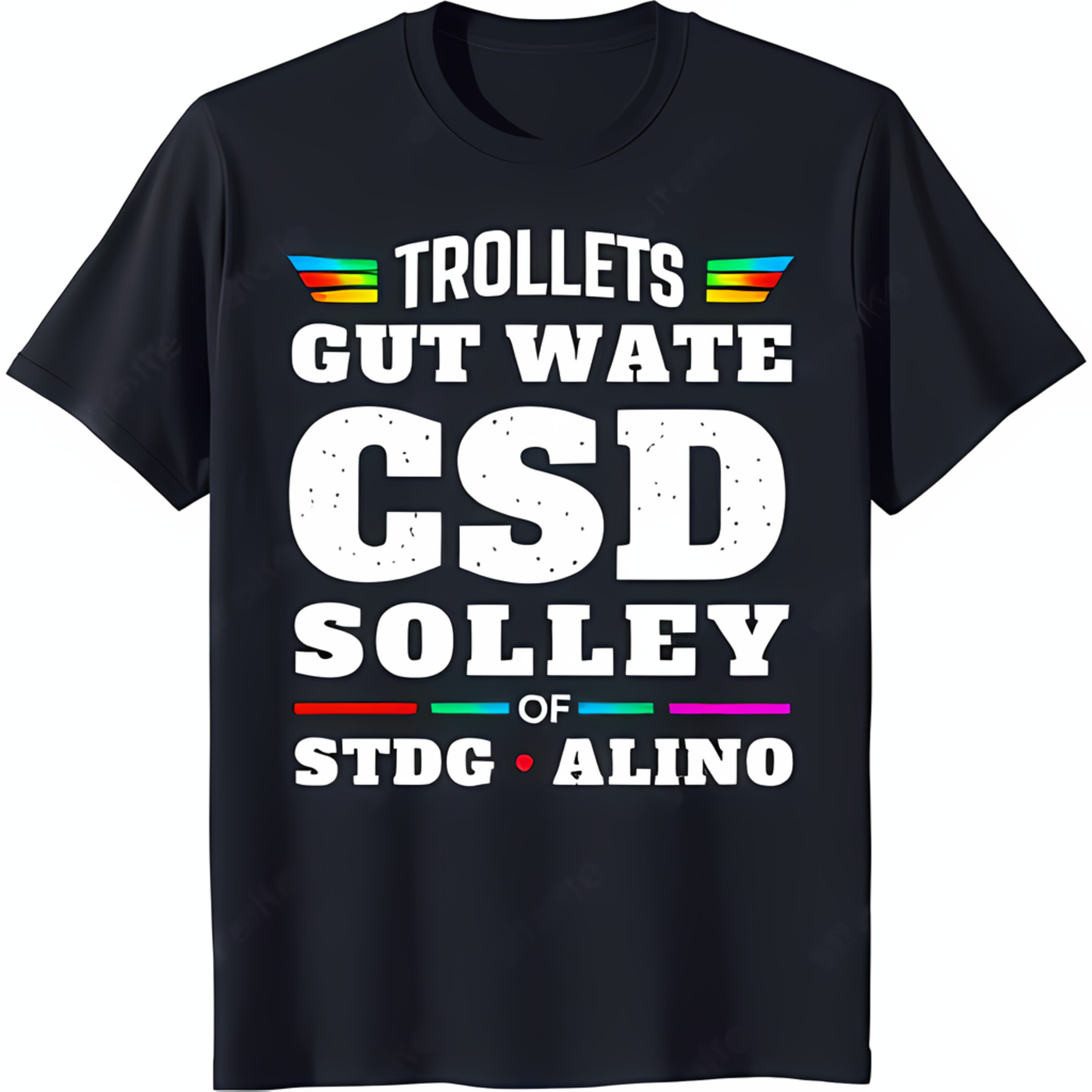 Bold Black T-Shirt with Colorful Graphic: 'Trollets Gut Wate CSD Solley ...