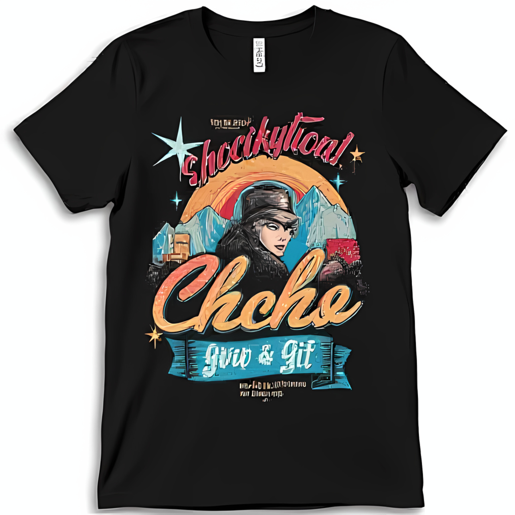 Bold Black T-Shirt with Colorful Graphic of Serious Woman in Diner ...