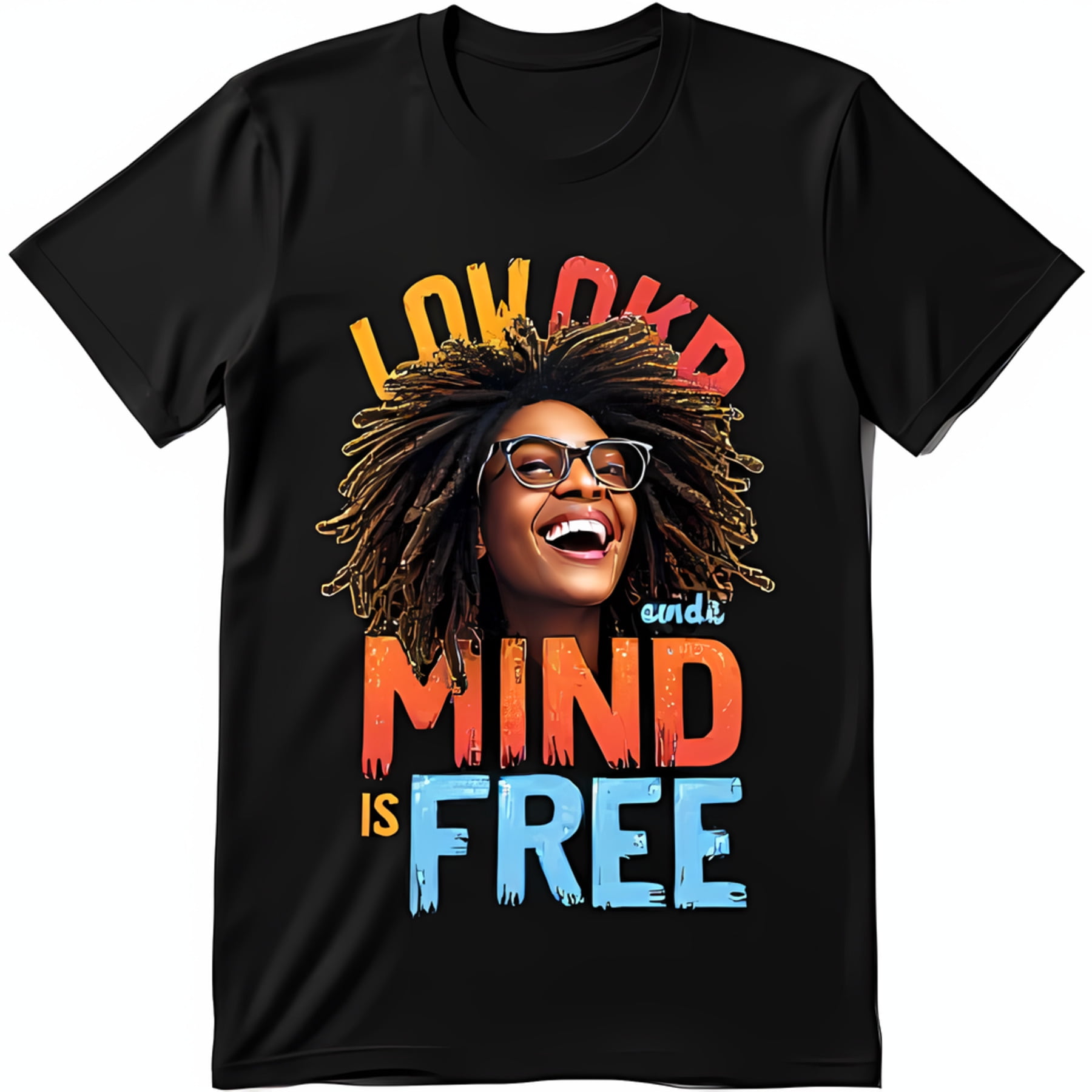 Bold Black T-Shirt with Colorful 'LOCKED' Graphic & Smiling Dreadlocked ...