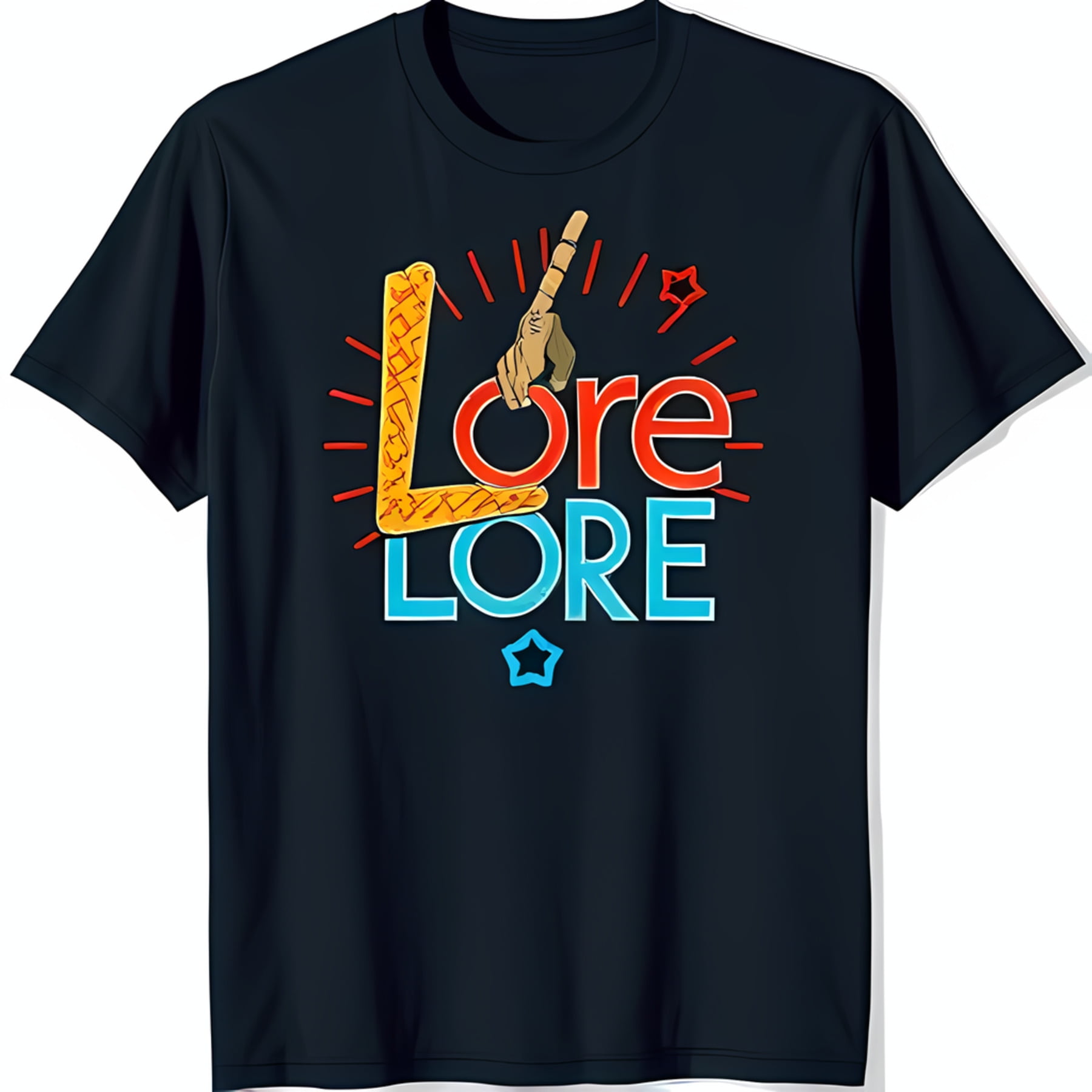 Bold Black T-Shirt with Colorful 'Lore' Graphic Yellow 'L' & Stars ...