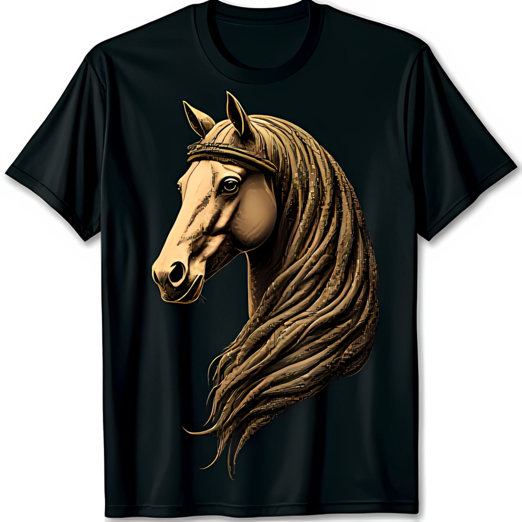 Bold Black T-Shirt with Detailed Gold Horse Head Graphic Eye Catching ...