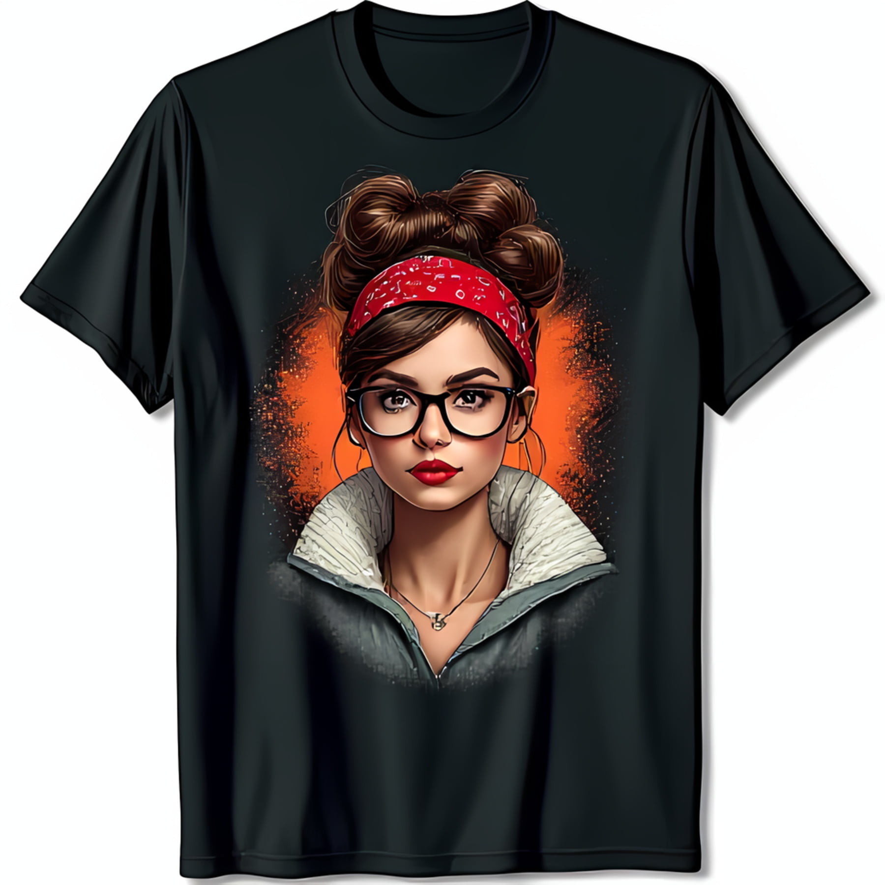 Bold Black T-Shirt with Determined Woman Graphic Red Bandana & Splatter ...