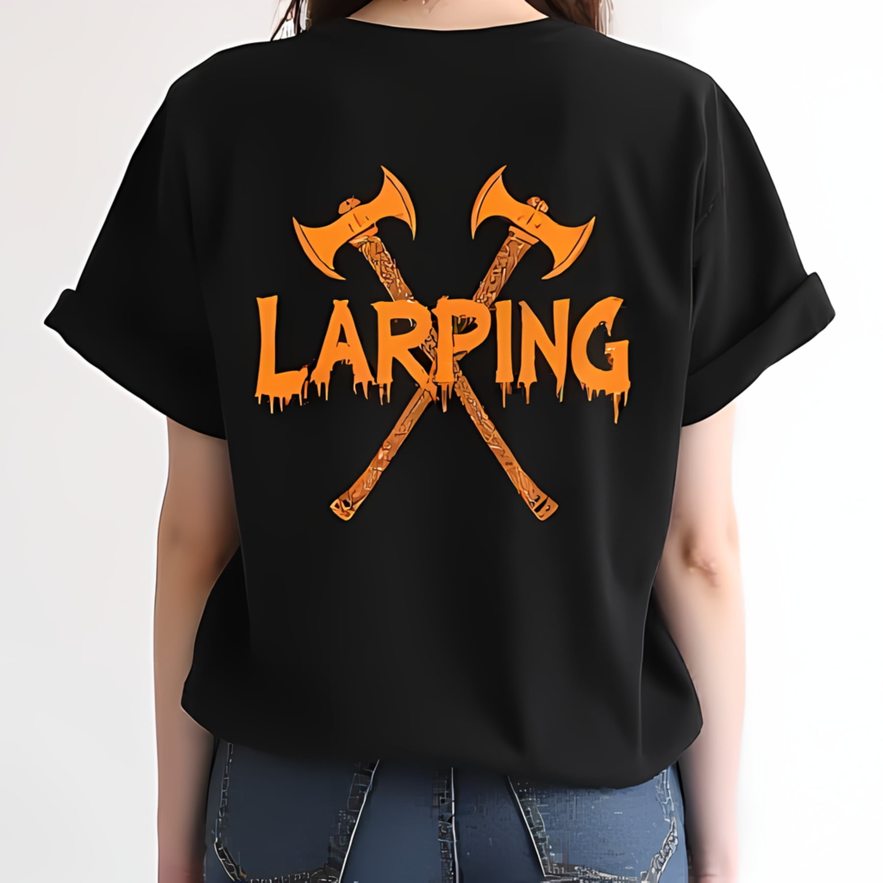 Bold Black T-Shirt with Dripping LARPING Graphic & Crossed Axes Design ...