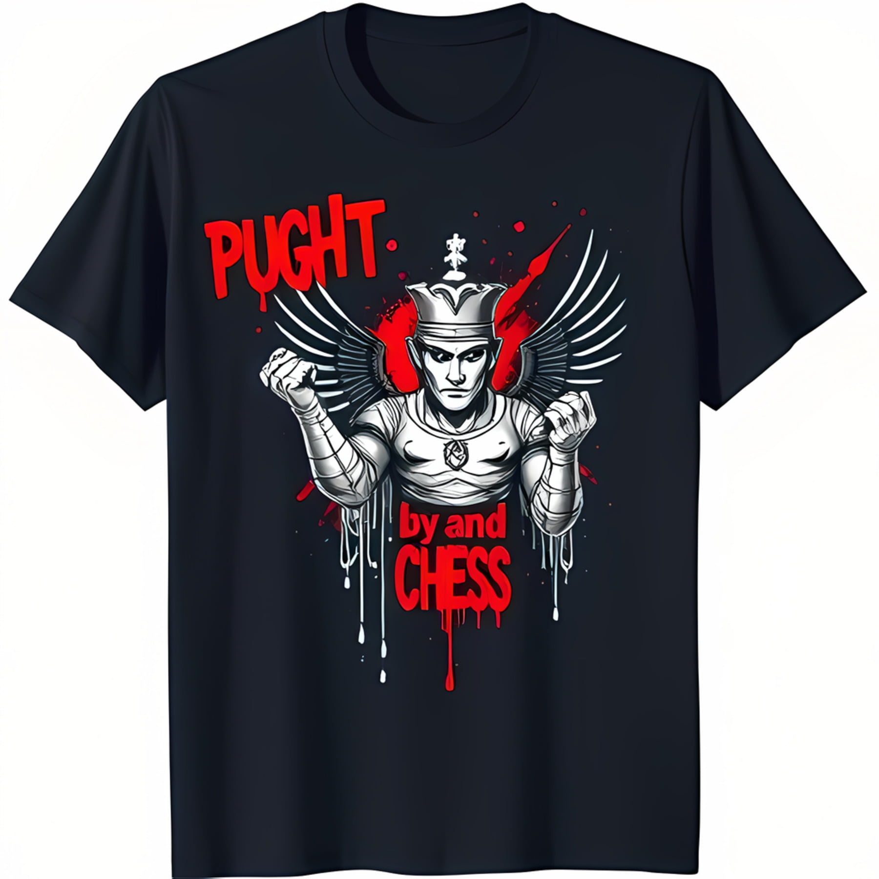 Bold Black T-Shirt with Edgy Chess Graphic Wings & Crown Design ...