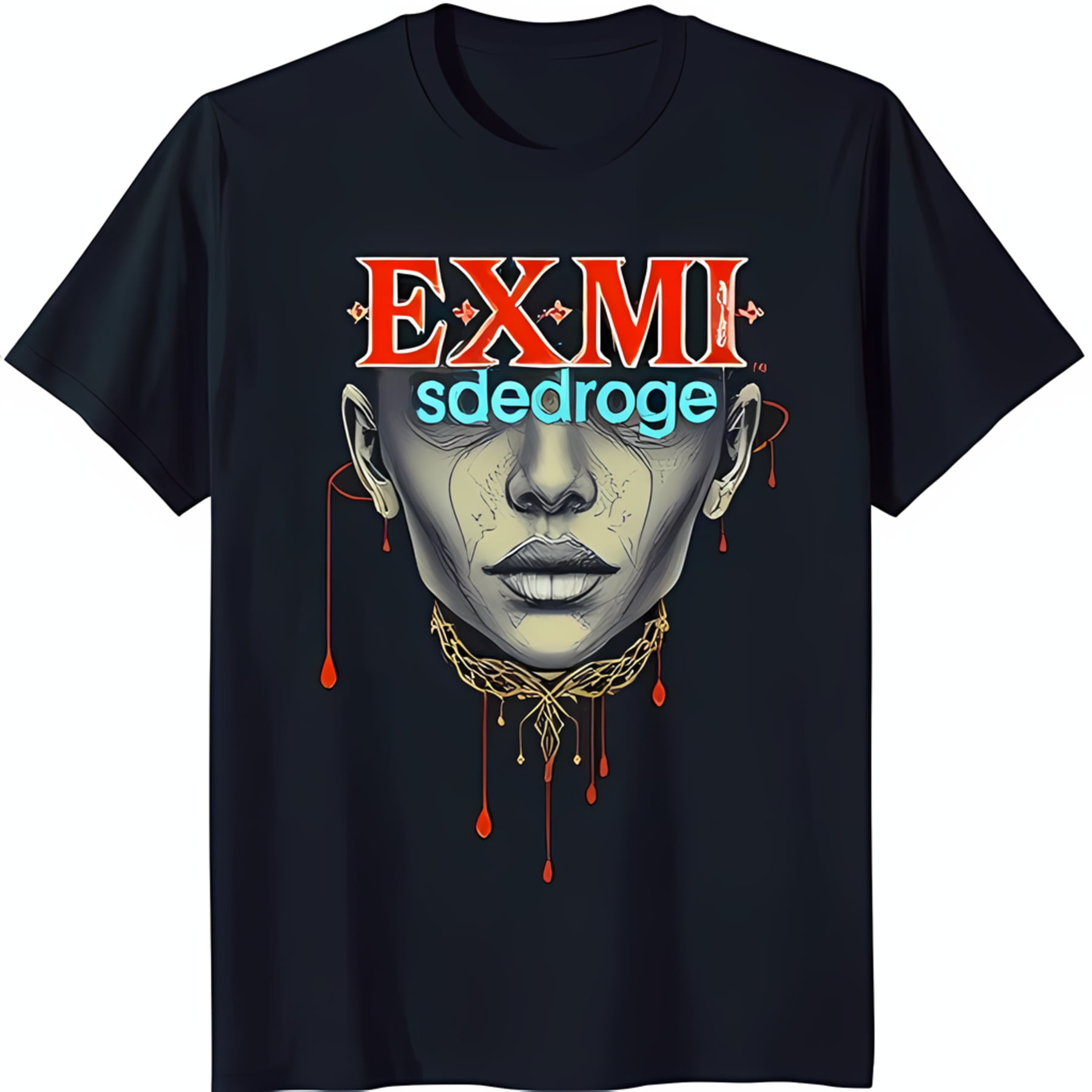 Bold Black T-Shirt with Eerie Face Design Dripping Gold Necklace 'EX MI ...