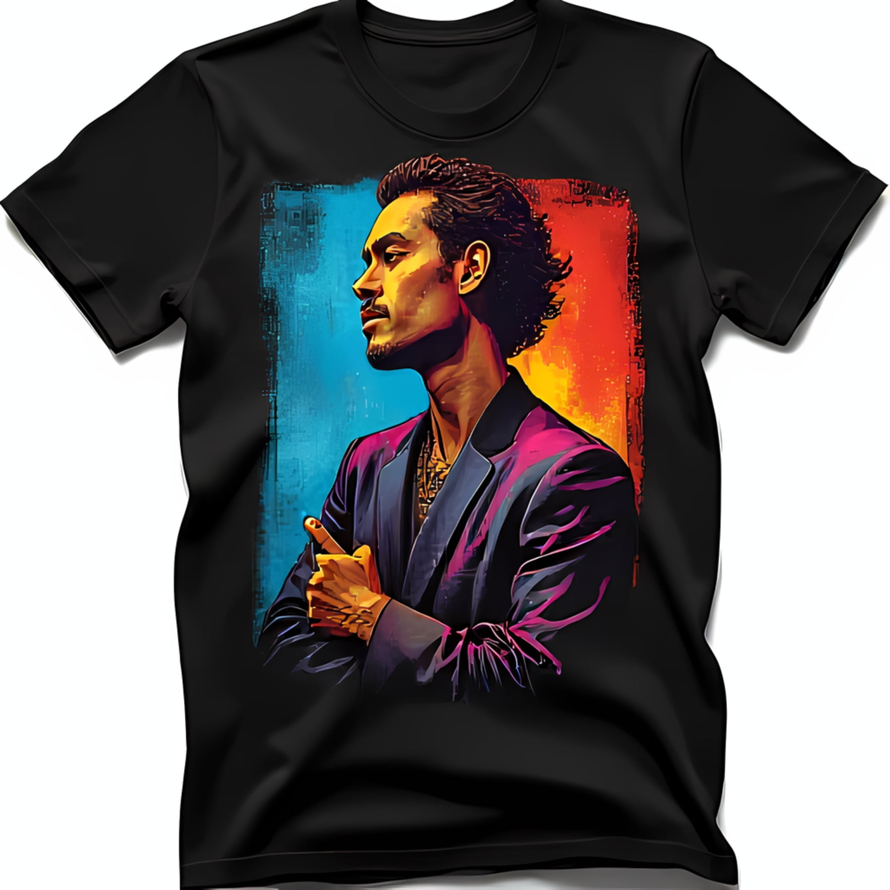 Bold Black T-Shirt with Expressive Graphic Design of Man in Colorful ...