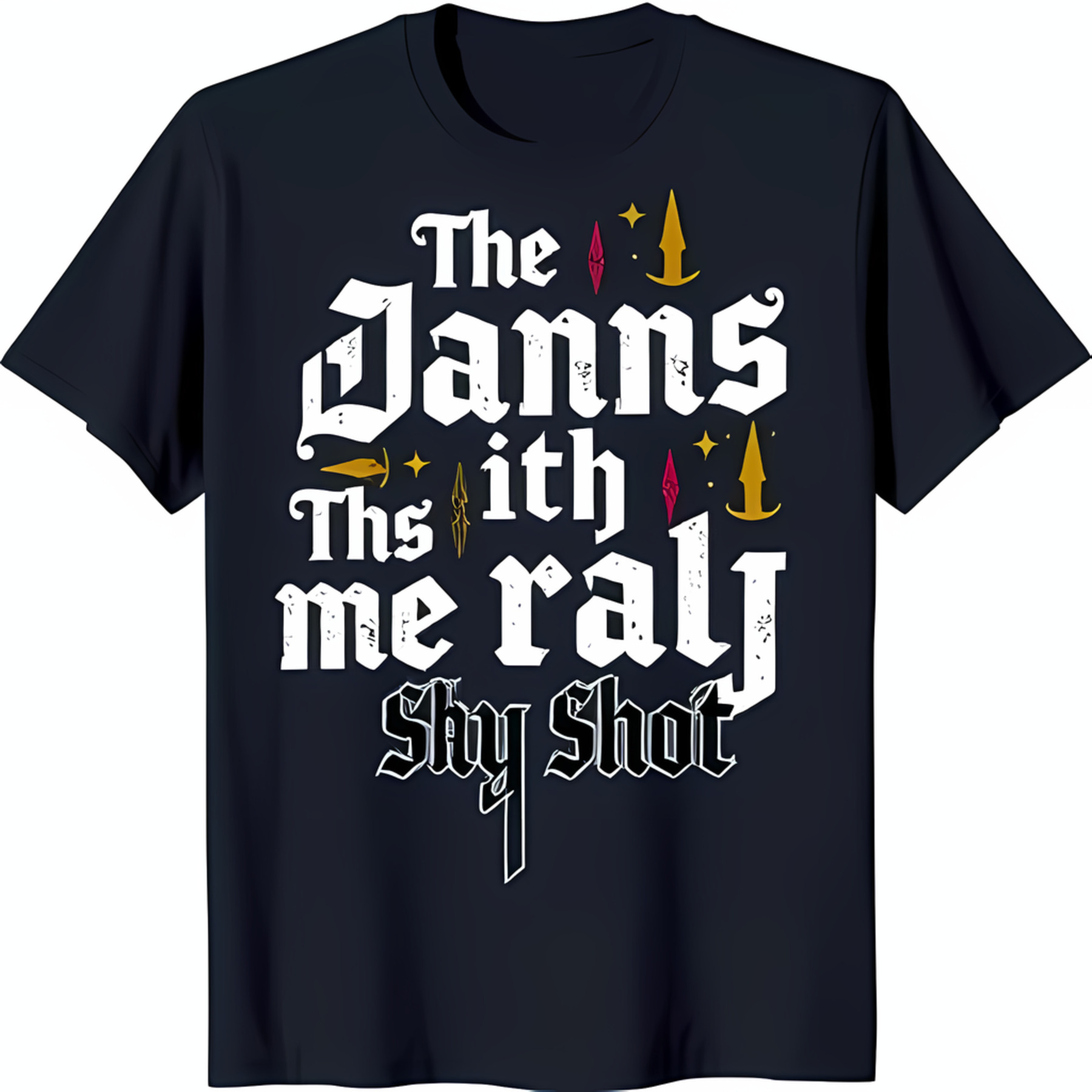 Bold Black T-Shirt with Eye Catching Medieval Graphic: 'The Janns ith ...