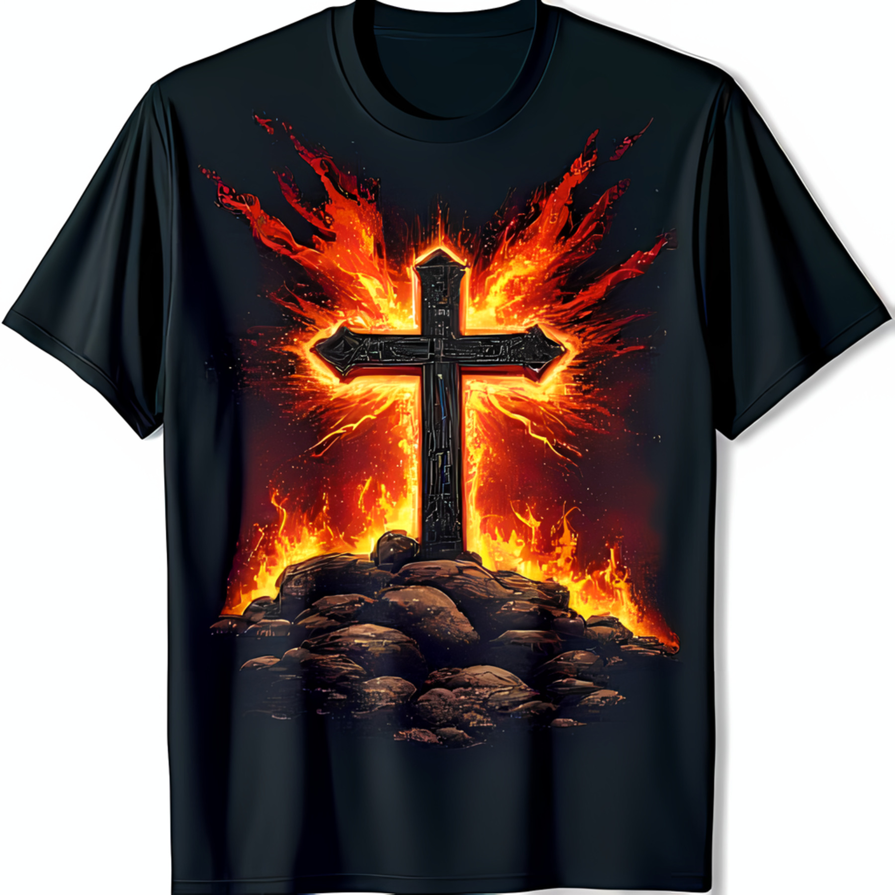 Bold Black T-Shirt with Fiery Design Symbol of Strength and Faith ...