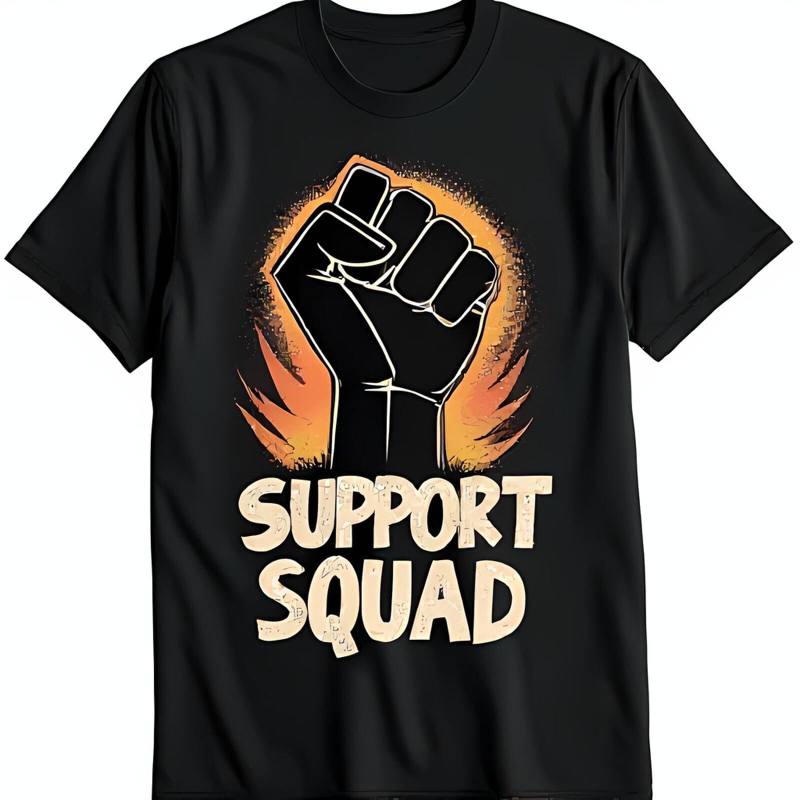 Bold Black T-Shirt with Fiery Fist Graphic & Sparkly SUPPORT SQUAD Text ...