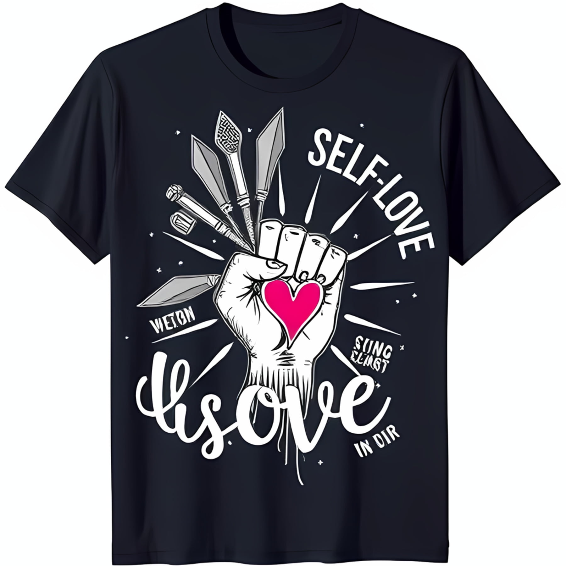 Bold Black T-Shirt with Fist Clenching Pink Heart & 'Self Love' Graphic ...