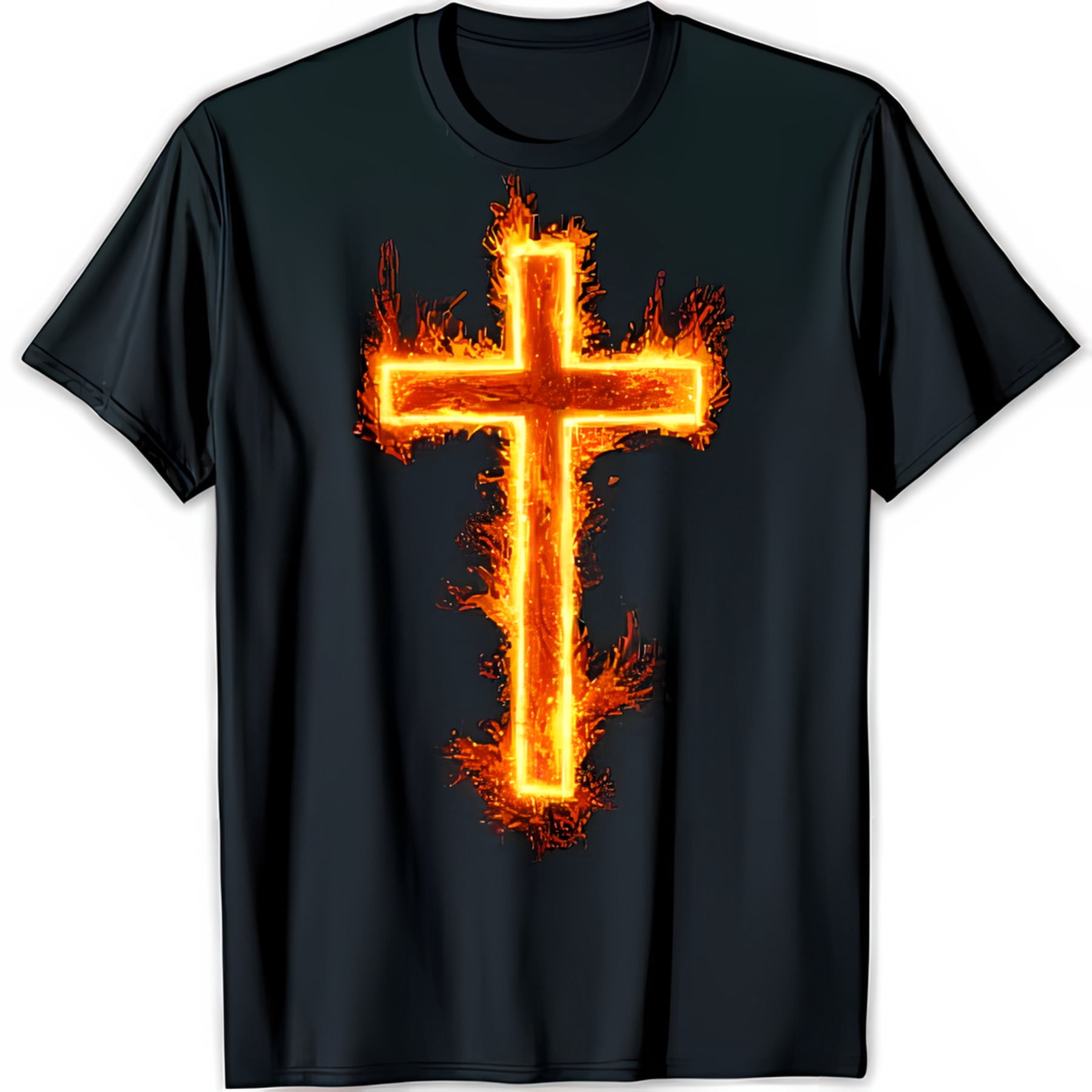 Bold Black T-Shirt with Flaming Graphic Bright Yellow Outline Casual ...