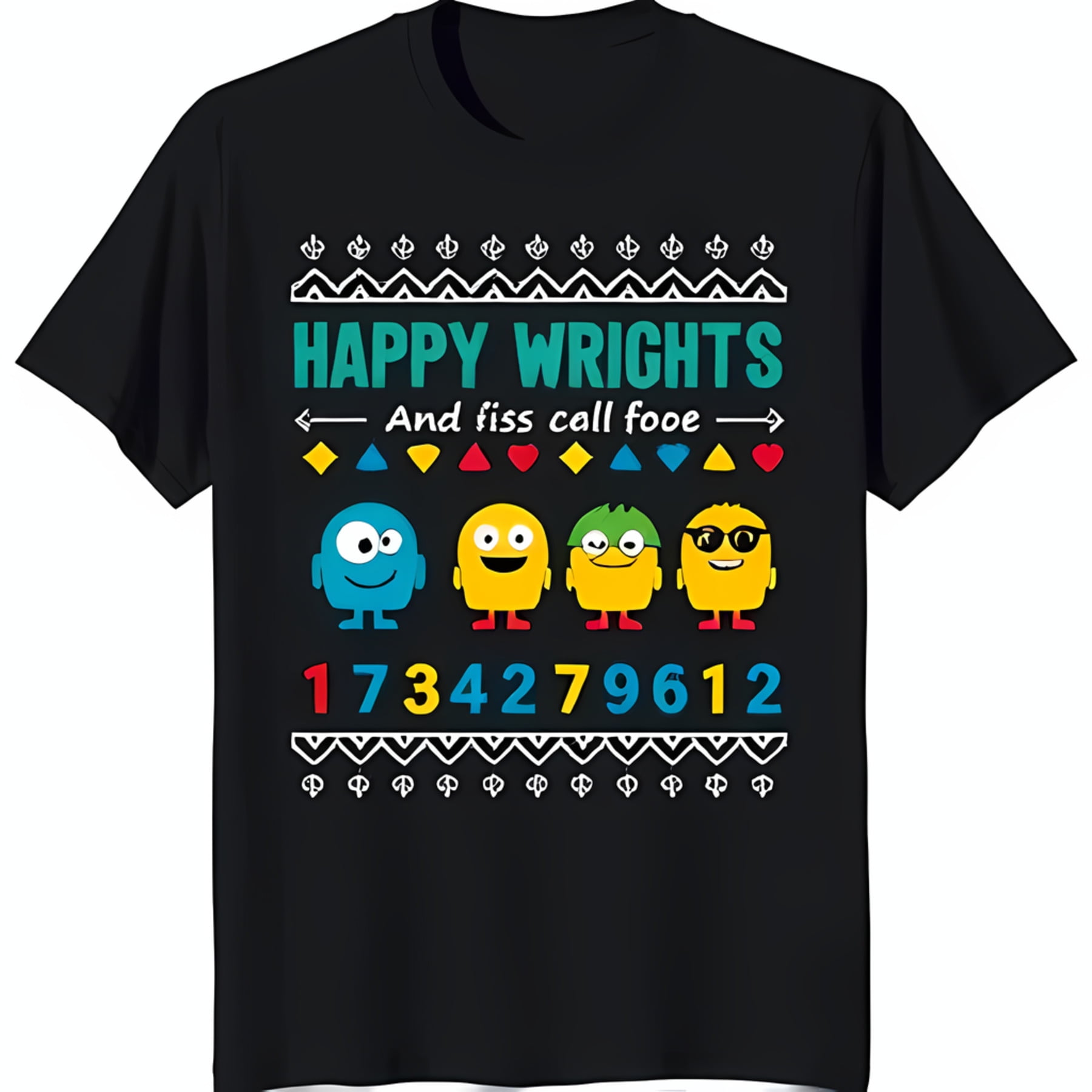 Bold Black T-Shirt with Fun Graphic: 'Happy Wrights And Fiss Call Fooe ...