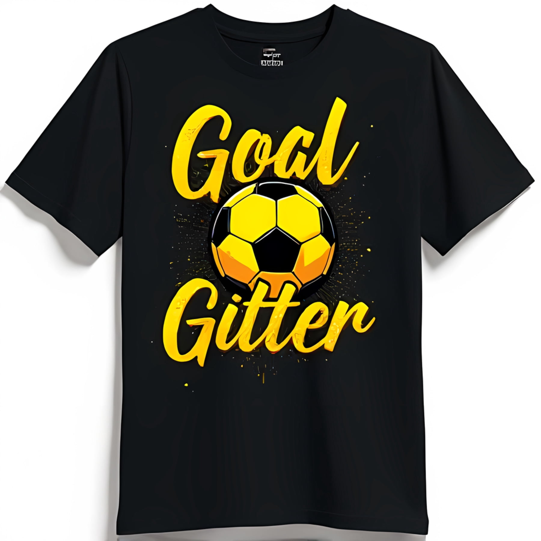 Bold Black T-Shirt with Goal Gitter Graphic & Soccer Ball Design ...