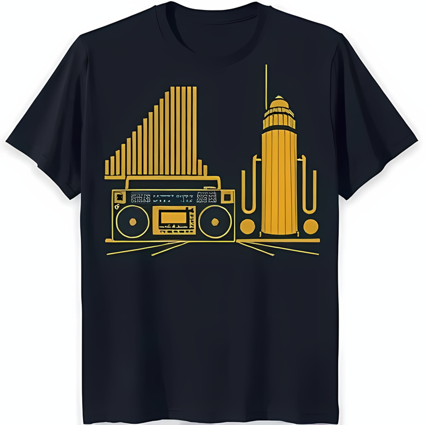 Bold Black T-Shirt with Gold Cassette Player Graphic & Futuristic Tower ...