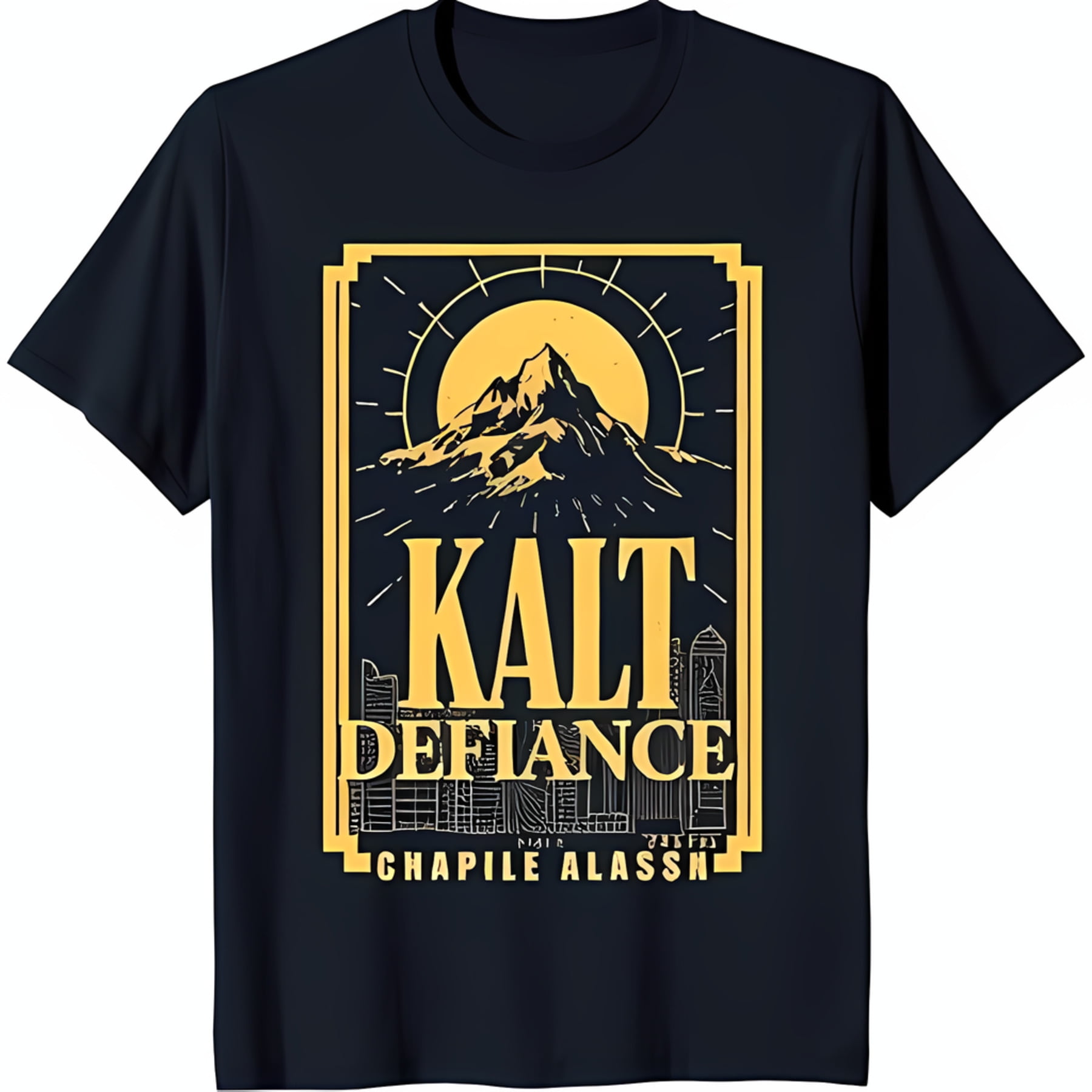 Bold Black T-Shirt with Gold Mountain Range Graphic & 'KALT DEFIANCE ...