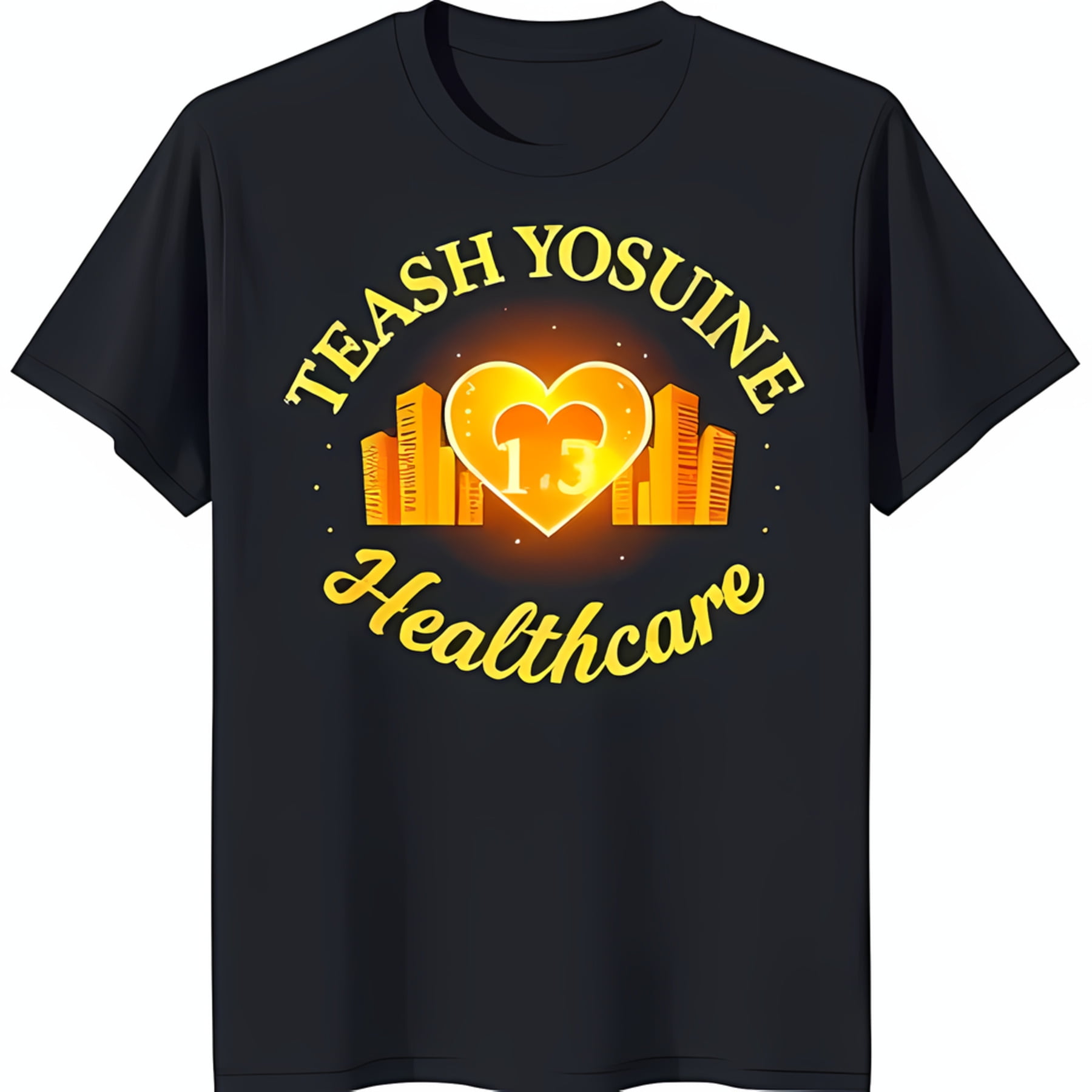 Bold Black T-Shirt with Gold 'Teash Yosune Healthcare' Graphic & Heart ...