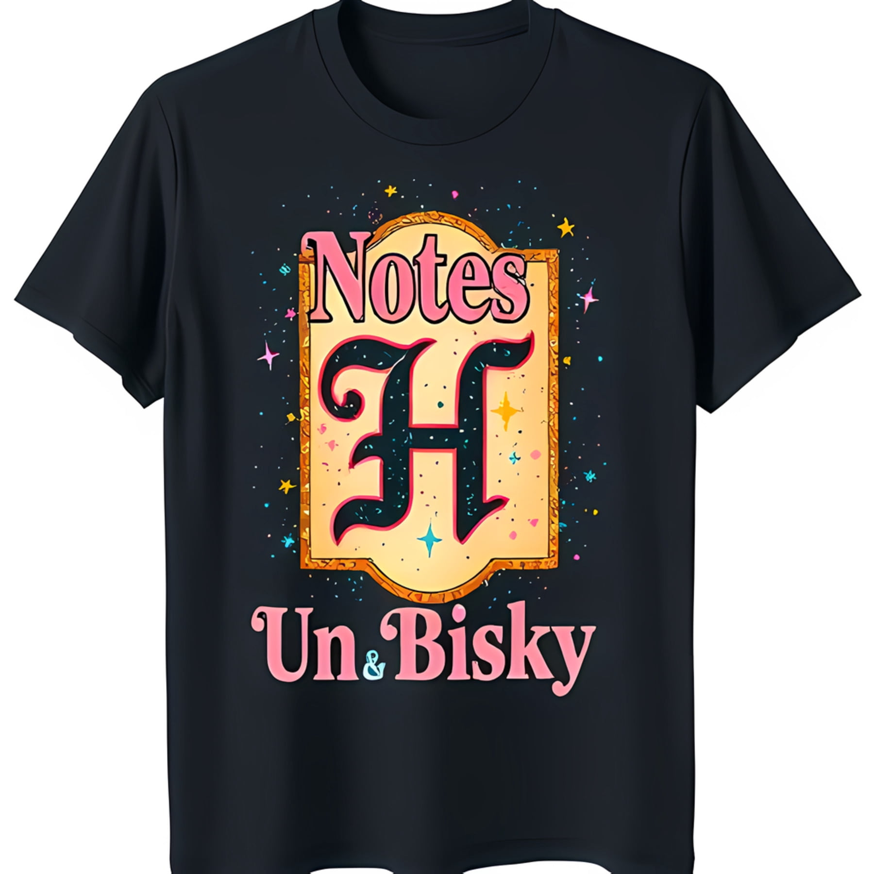 Bold Black T-Shirt with Golden Rectangle 'Notes' Graphic & Colorful ...