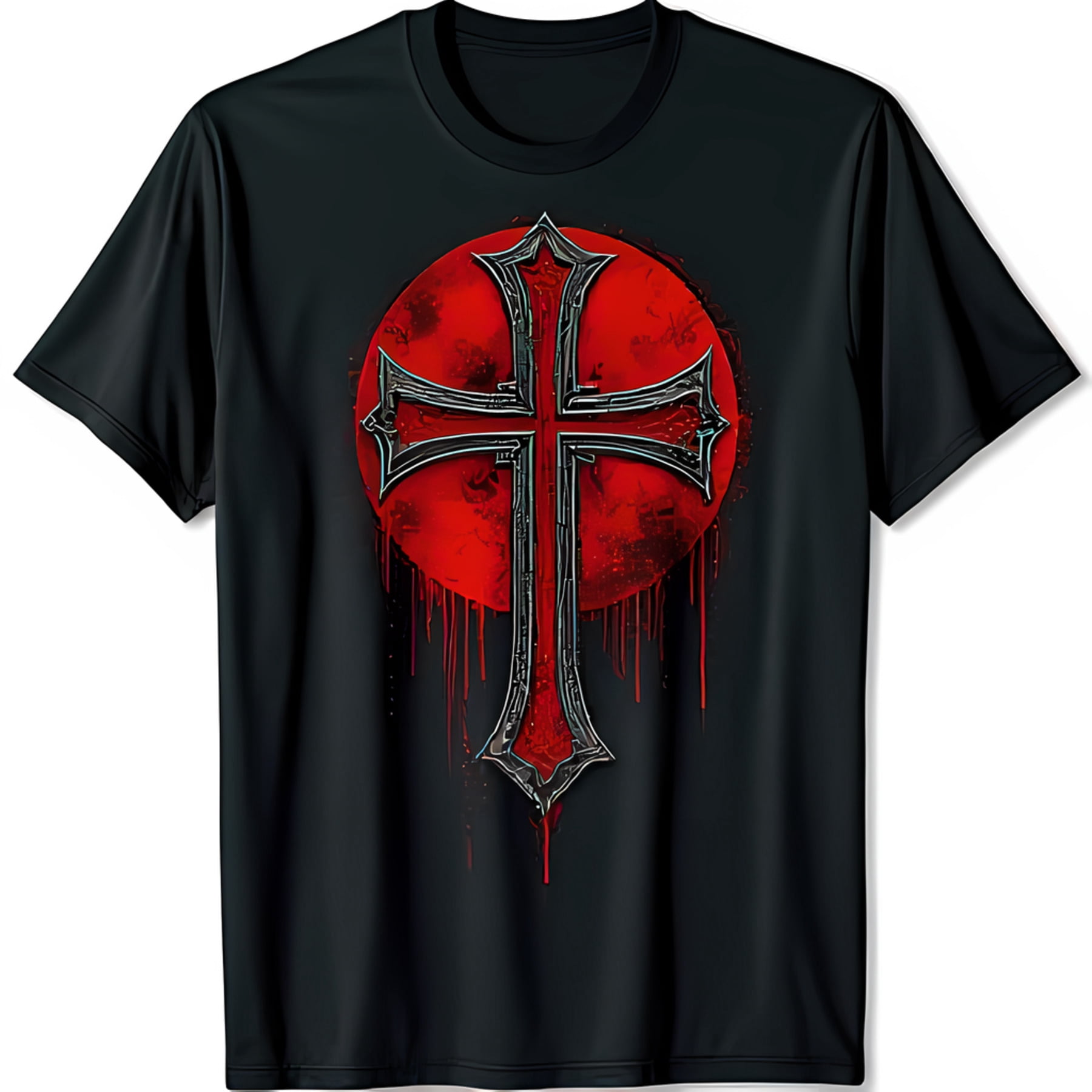 Bold Black T-Shirt with Gothic Silver and Dripping Red Sun Graphic ...