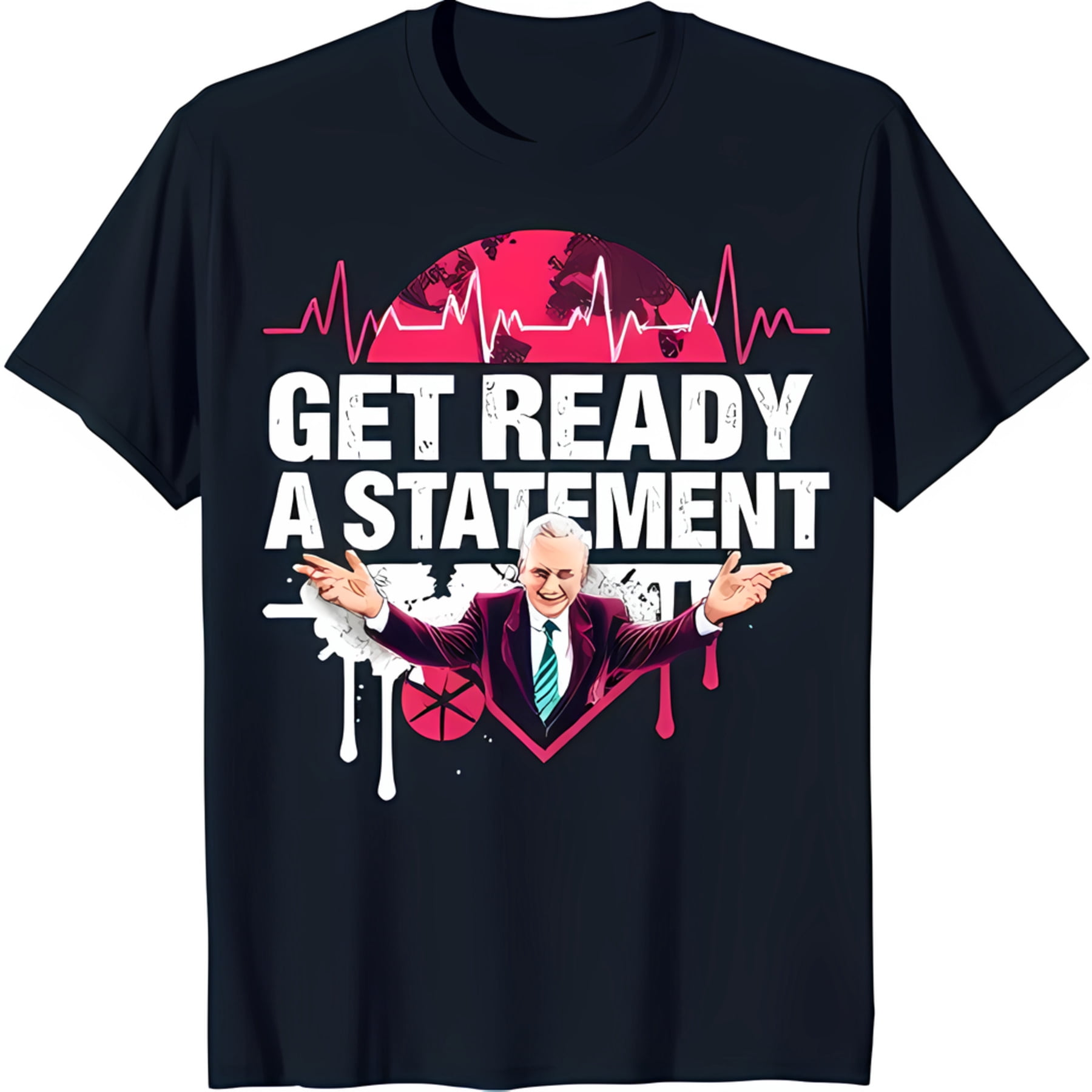 Bold Black T-Shirt with Graphic Design: Man in Suit EKG Lines & World ...
