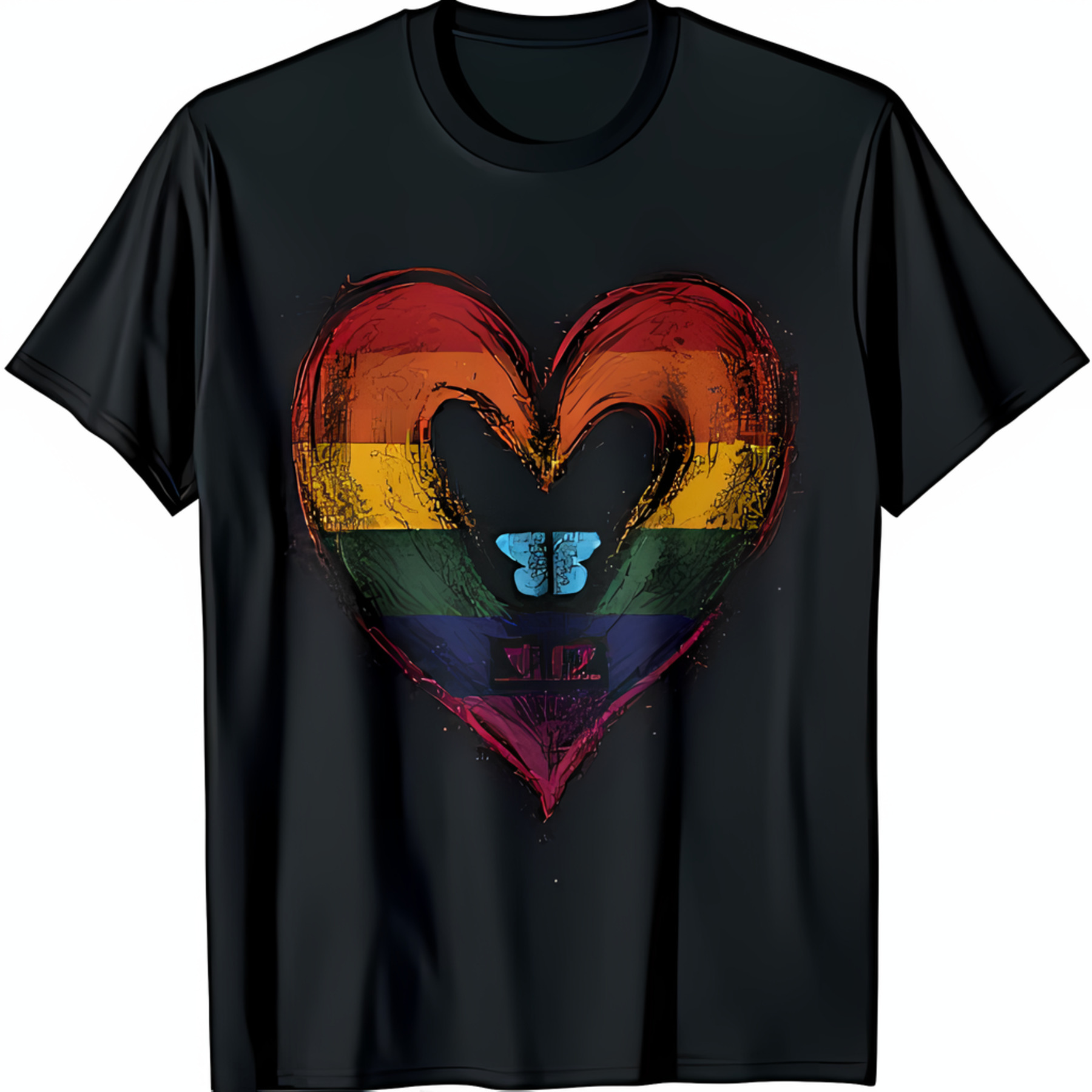 Bold Black T-Shirt with Grunge Heart Graphic & Blue Butterfly Accent ...