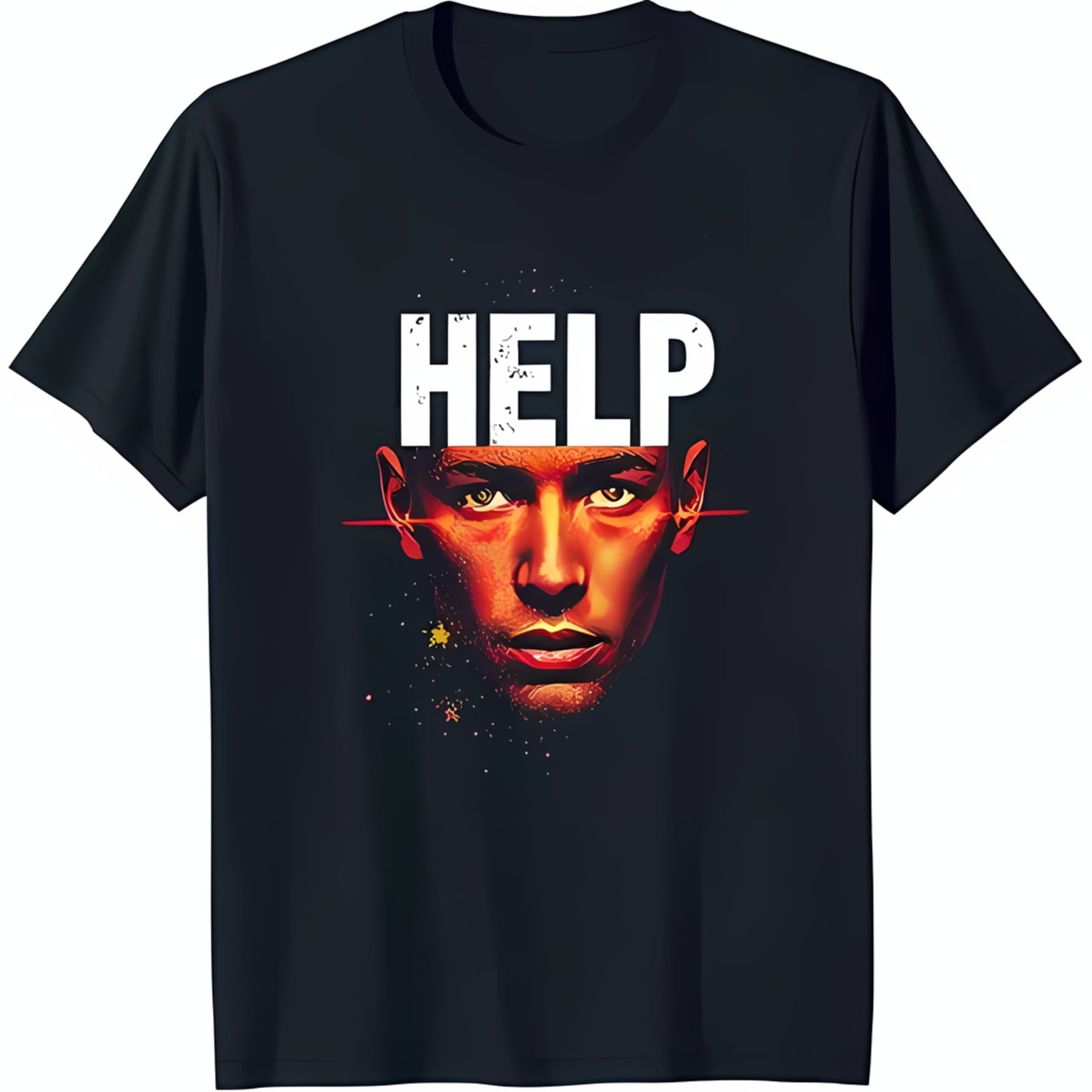 Bold Black T-Shirt with 'HELP' Graphic and Striking Face Design Eye ...