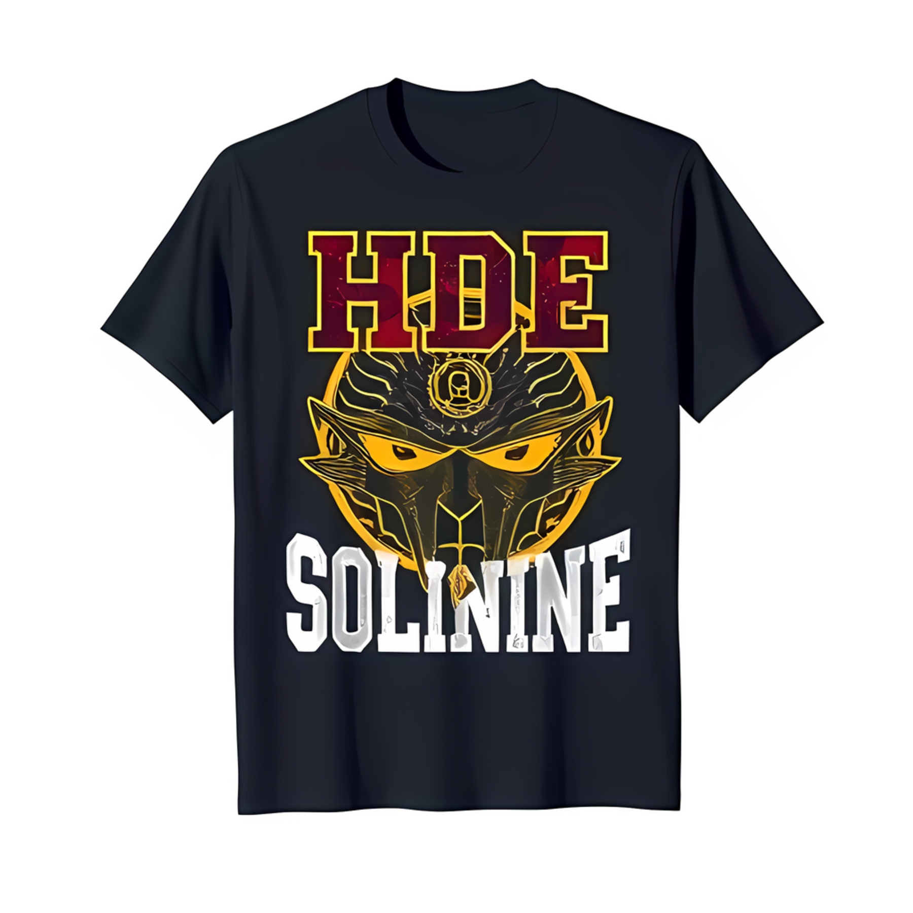 Bold Black T-Shirt with 'HIDE' Graphic & Fiery Masked Face Design ...