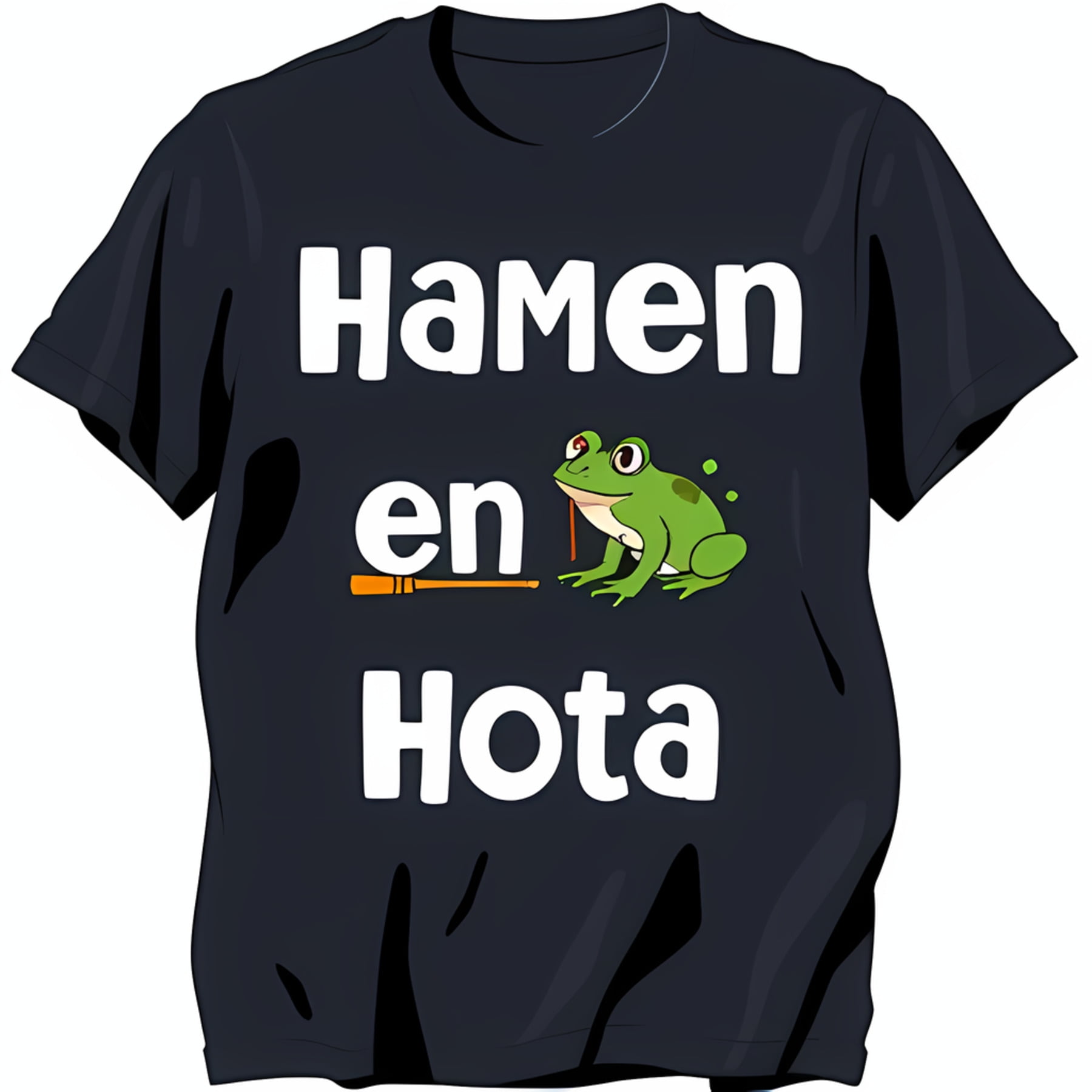 Bold Black T-Shirt with 'Hamen en Hota' Graphic & Cartoon Design ...