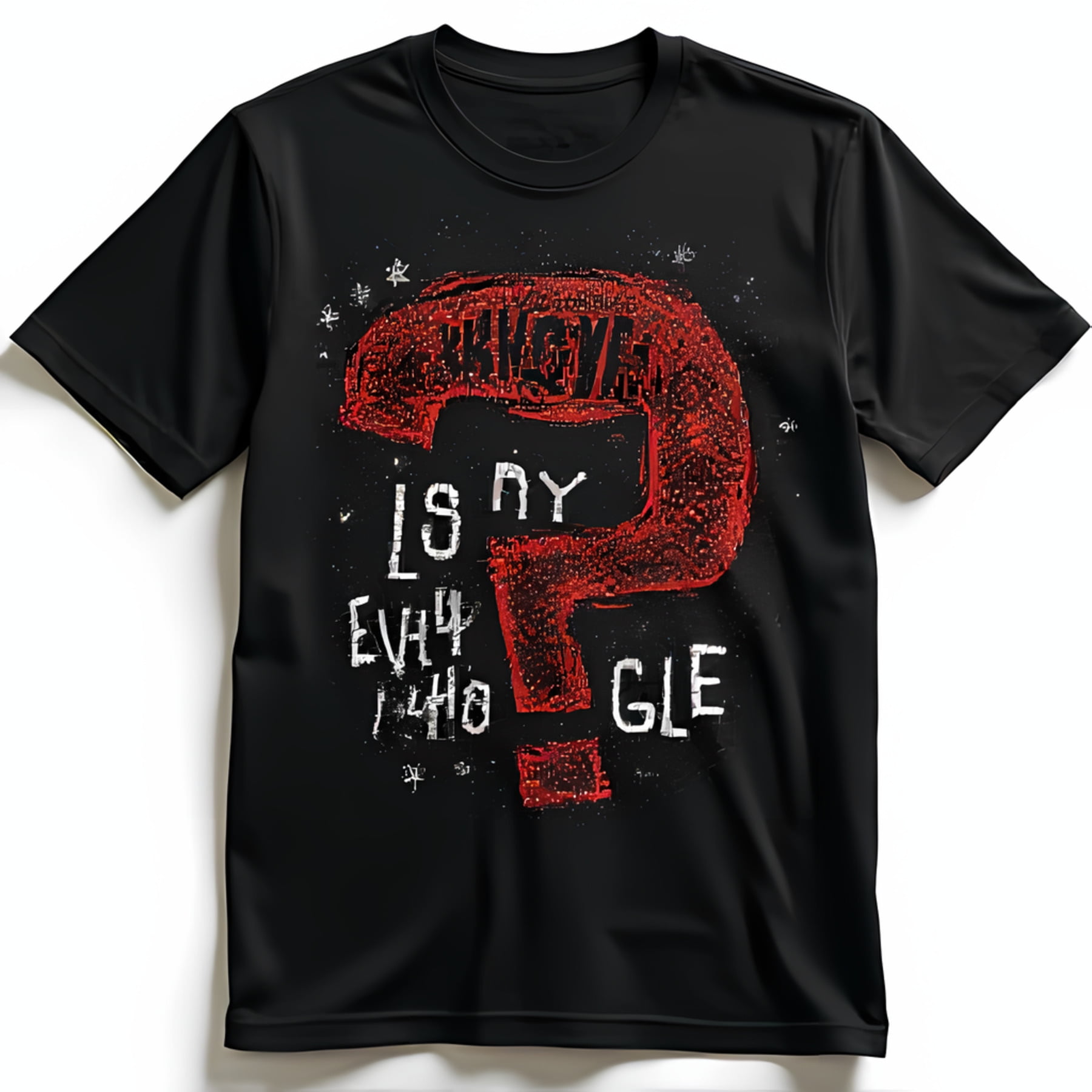 Bold Black T-Shirt with Hand Drawn Red Question Mark & Star Graphic ...