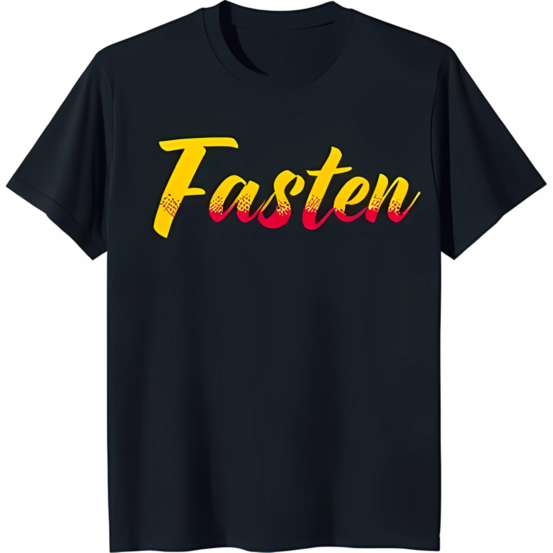 Bold Black T-Shirt with Handwritten 'Fasten' Design in Yellow & Red for ...