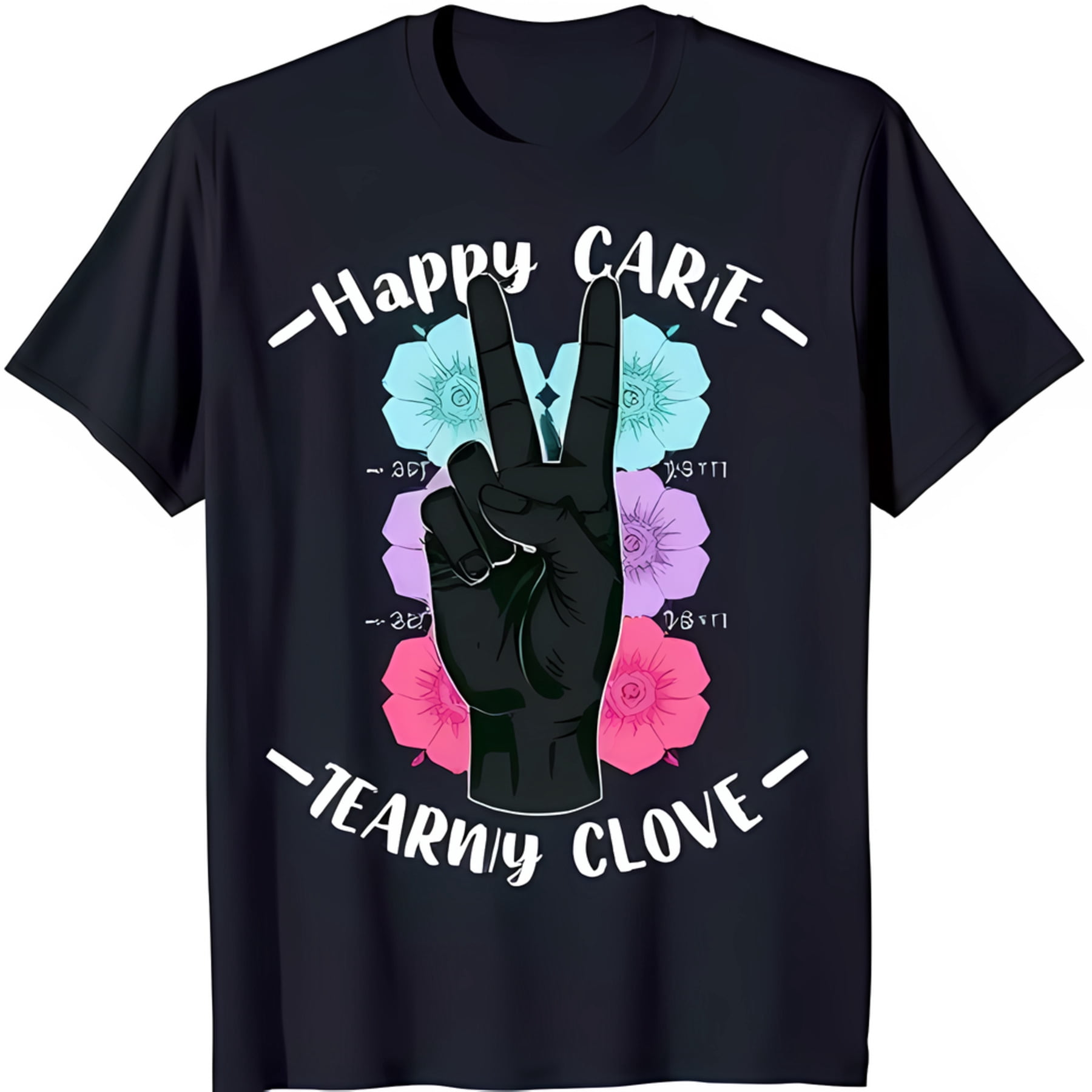 Bold Black T-Shirt with 'Happy Teary Clove' Graphic & Floral Accents ...