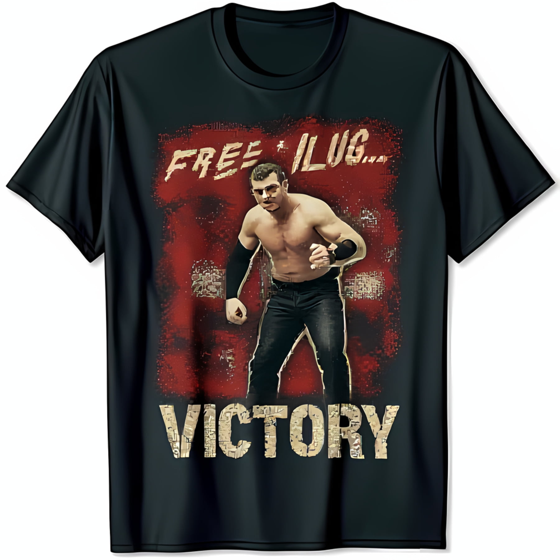Bold Black T-Shirt with Intense Wrestler Graphic & Gold 'Victory' Text ...