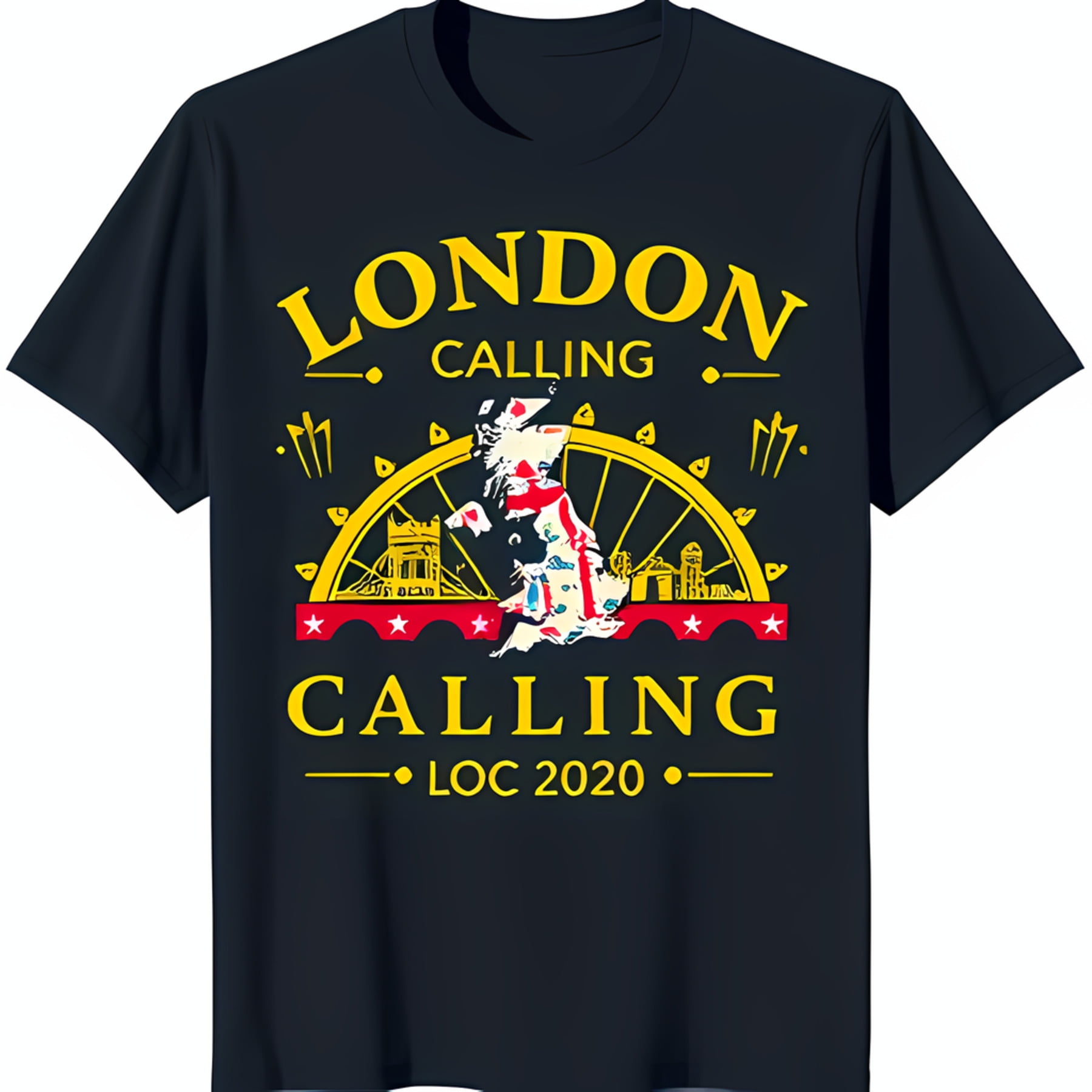 Bold Black T-Shirt with 'LONDON CALLING' Graphic Ferris Wheel & UK Map ...