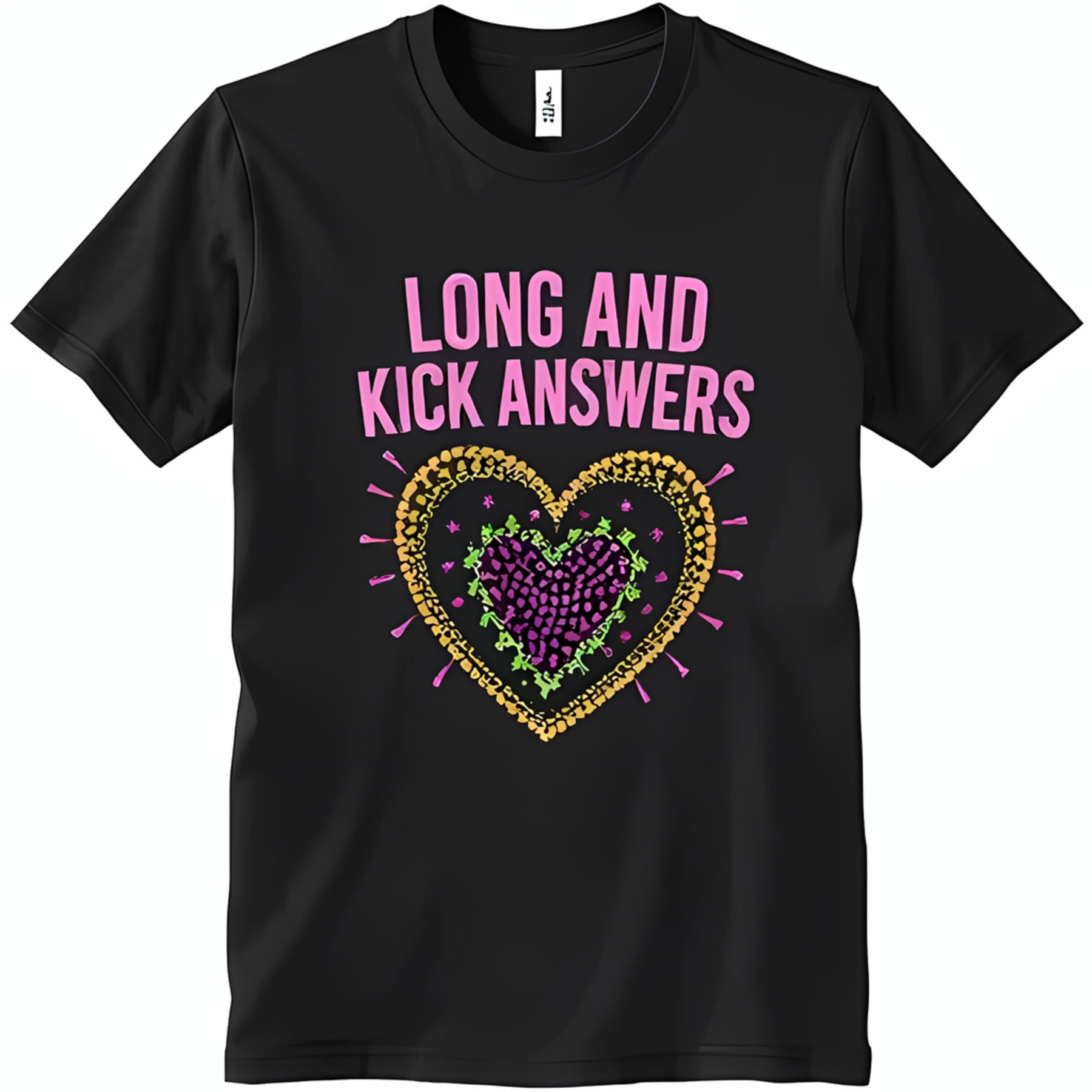 Bold Black T-Shirt with 'Long and Kick Answers' in Pink & Heart Design ...