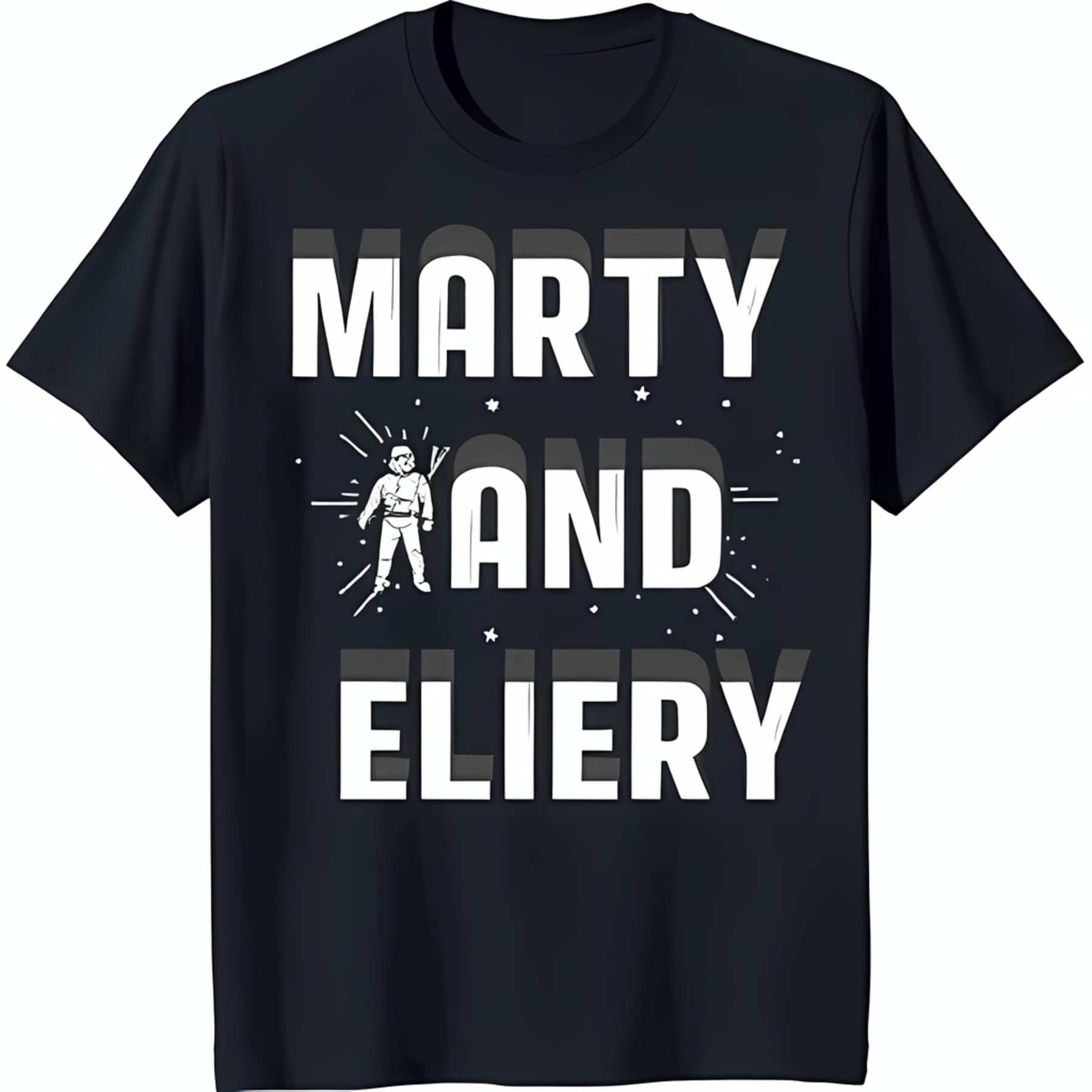 Bold Black T-Shirt with 'Marty and Elier' Graphic & Person Illustration ...