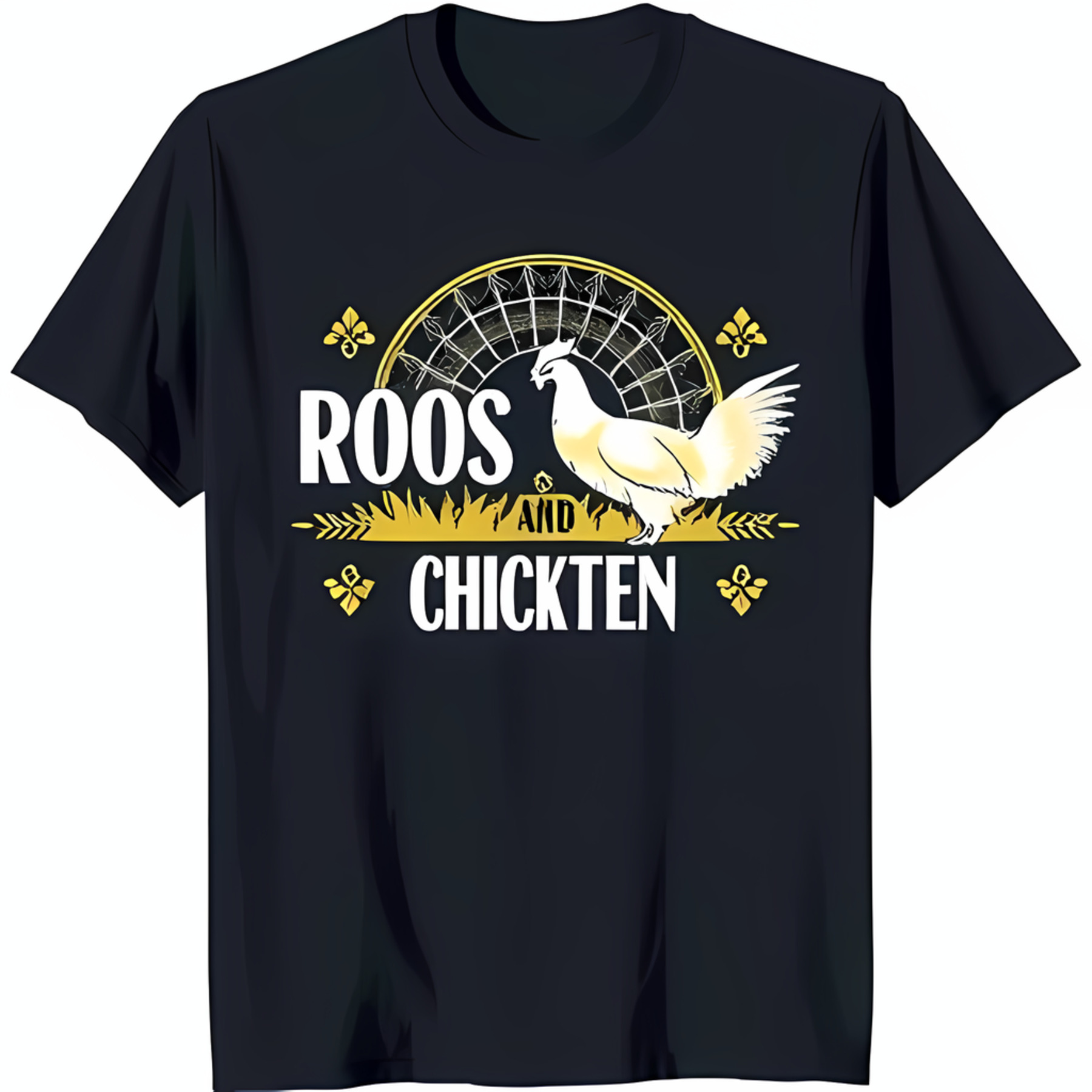 Bold Black T-Shirt with Playful Rooster Graphic 'ROOS AND CHICKEN ...