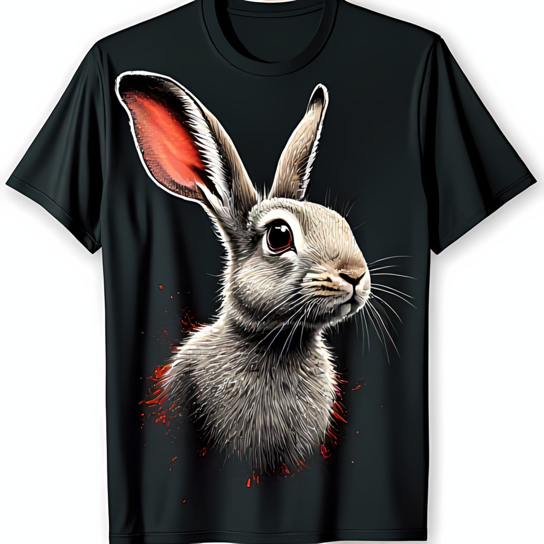 Bold Black T-Shirt with Rabbit Graphic & Red Splatters Eye Catching ...