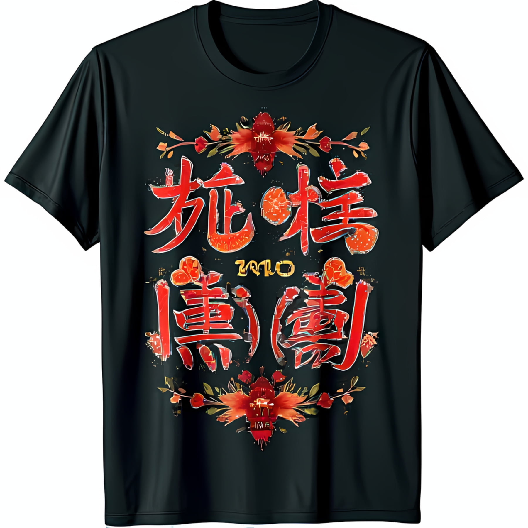 Bold Black T-Shirt with Red Chinese Characters and Floral Design ...