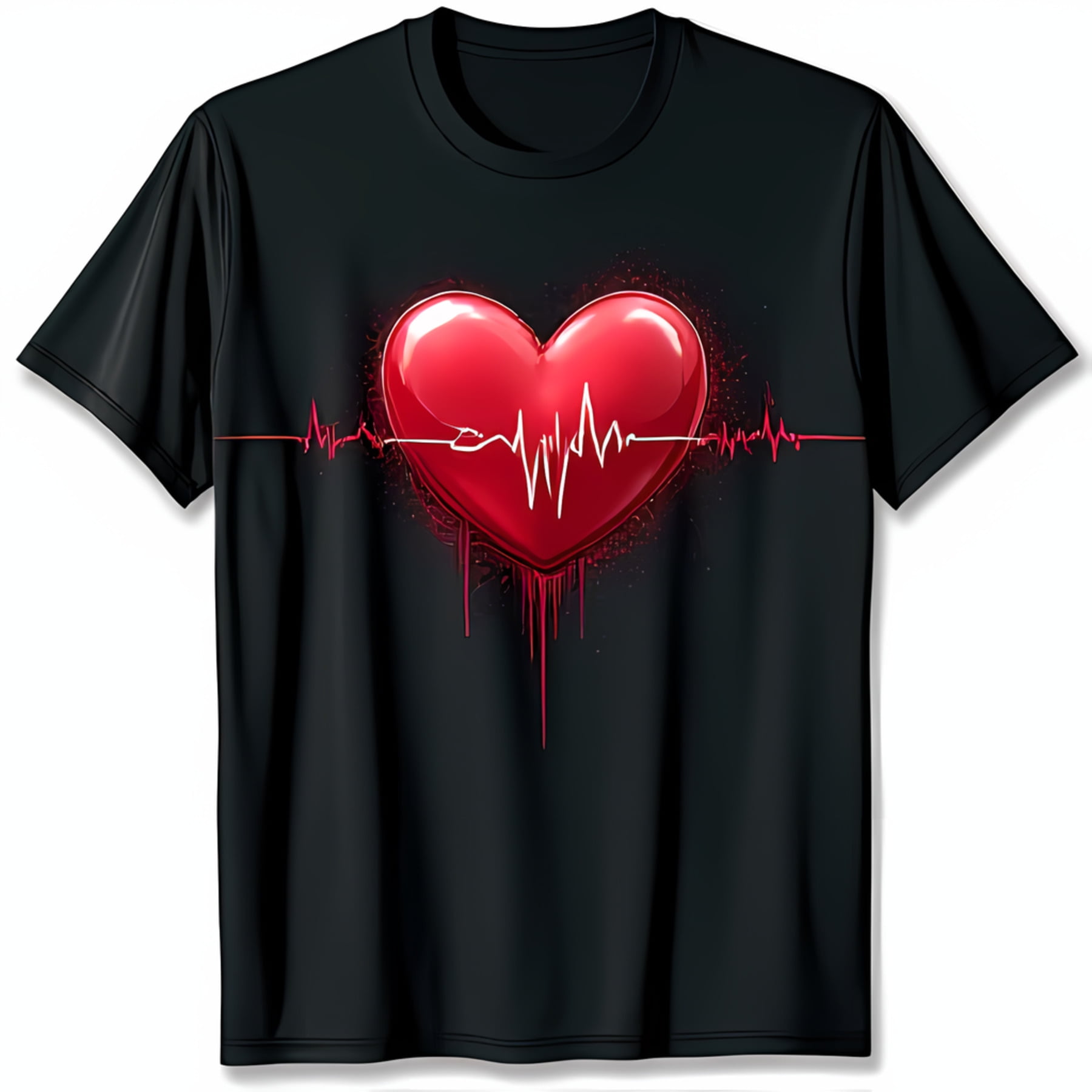 Bold Black T-Shirt with Red Heart and White EKG Line Love & Life Design ...