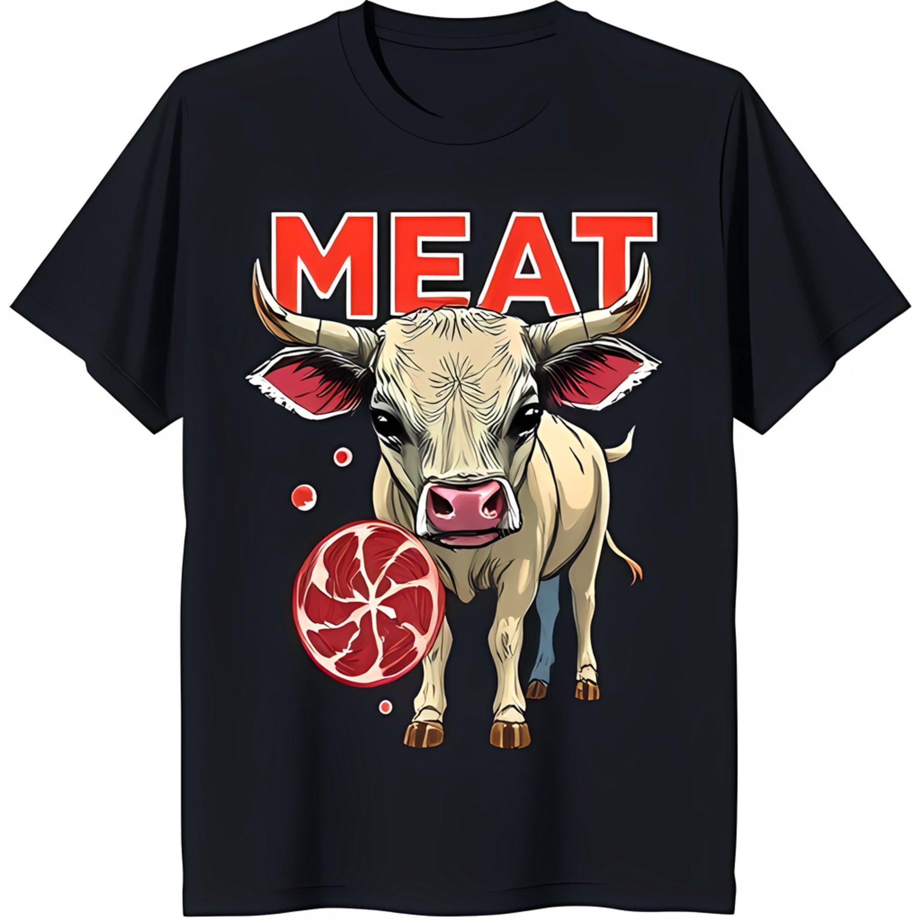 Bold Black T-Shirt with Red 'MEAT' Graphic and Cartoon Cow Design ...