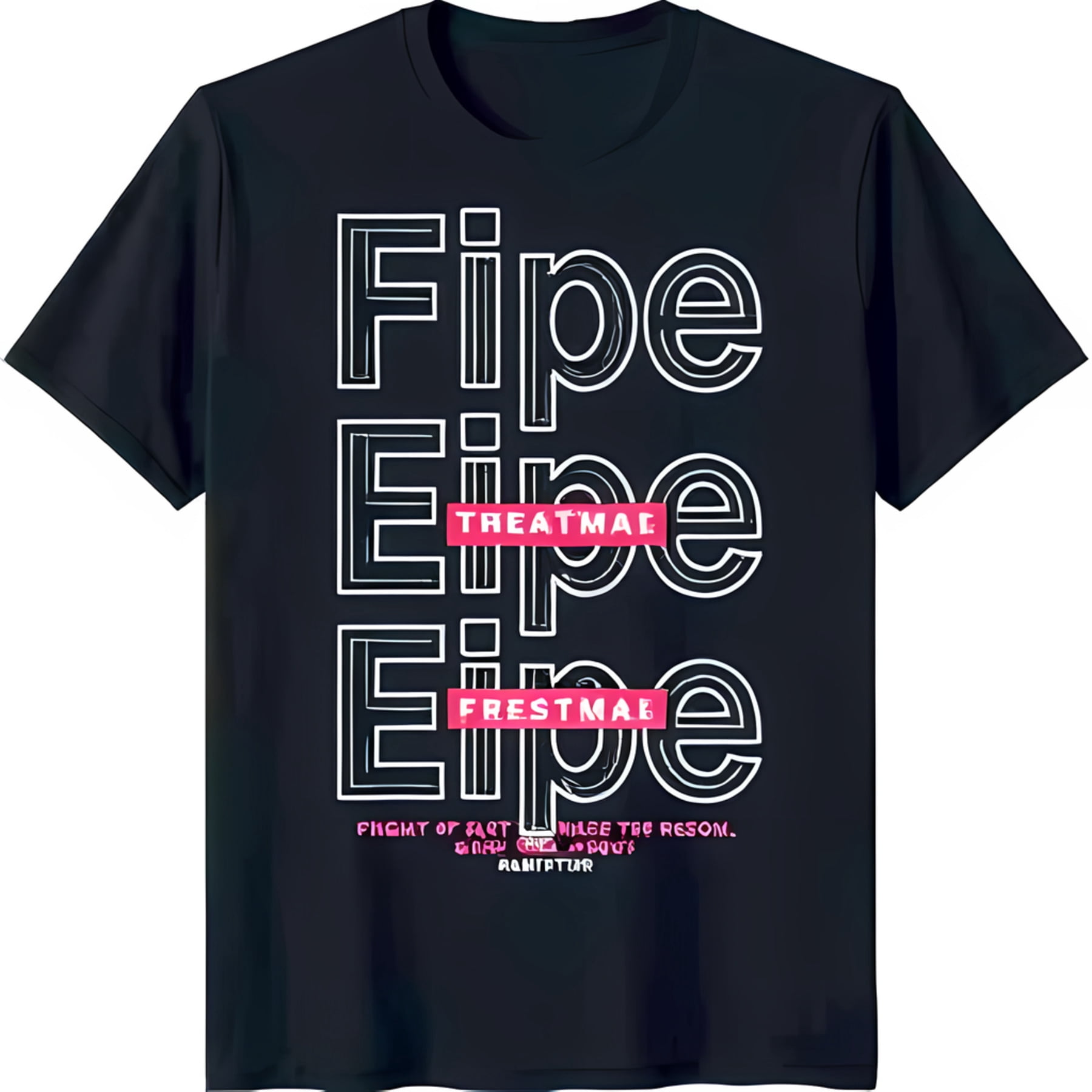 Bold Black T-Shirt with Repeated 'Fipe' Graphic & Pink Accents ...