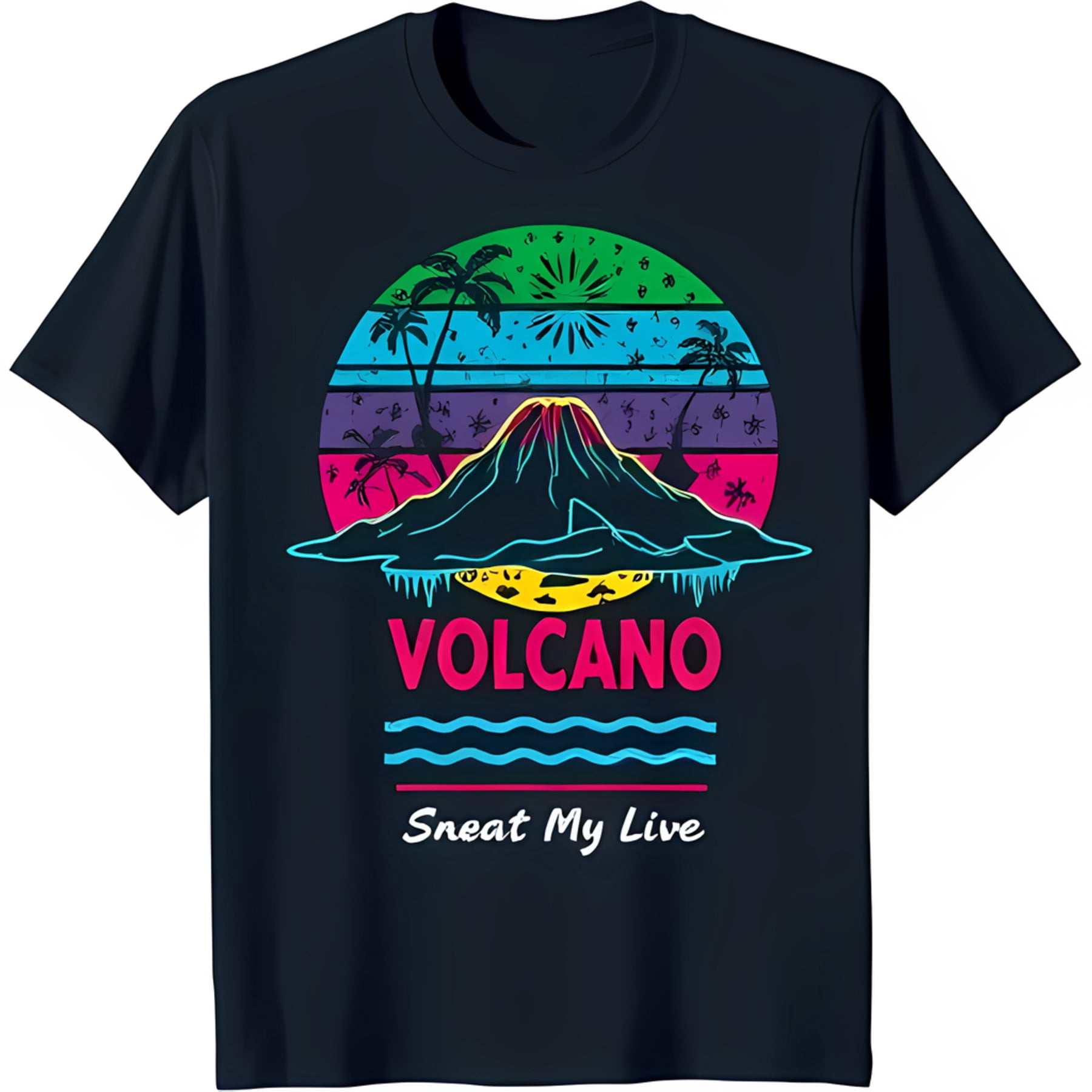 Bold Black T-Shirt with Retro Volcano Graphic Sunset & Trees Design ...